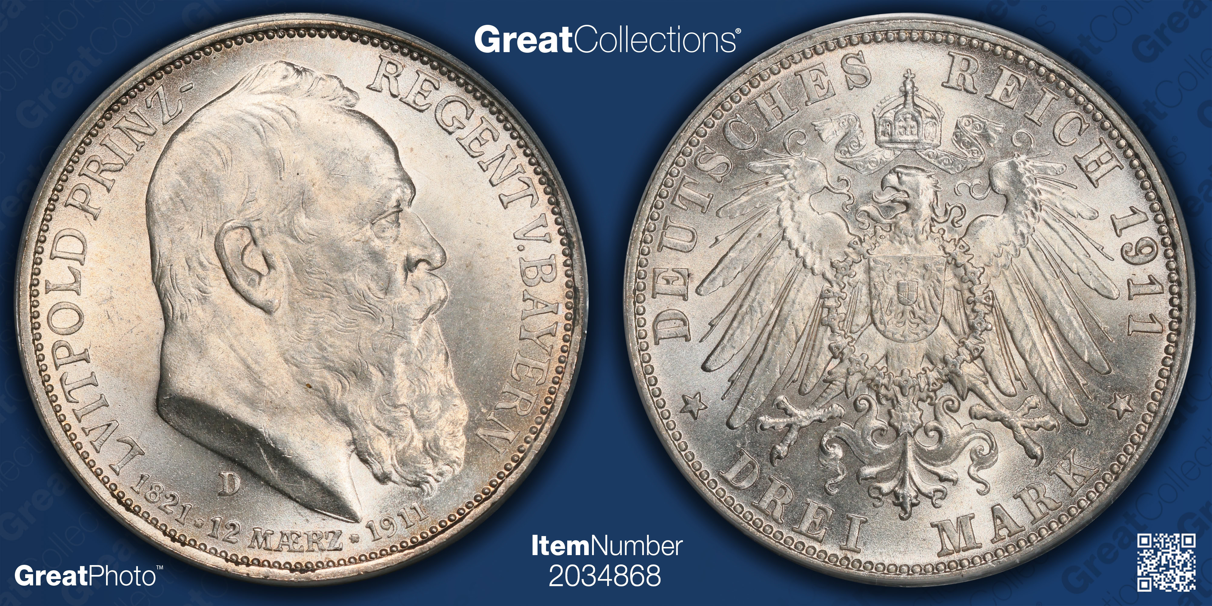 Germany 1911-D Silver 3 Marks Prince Regent Luitpold's 90th Birthday KM ...