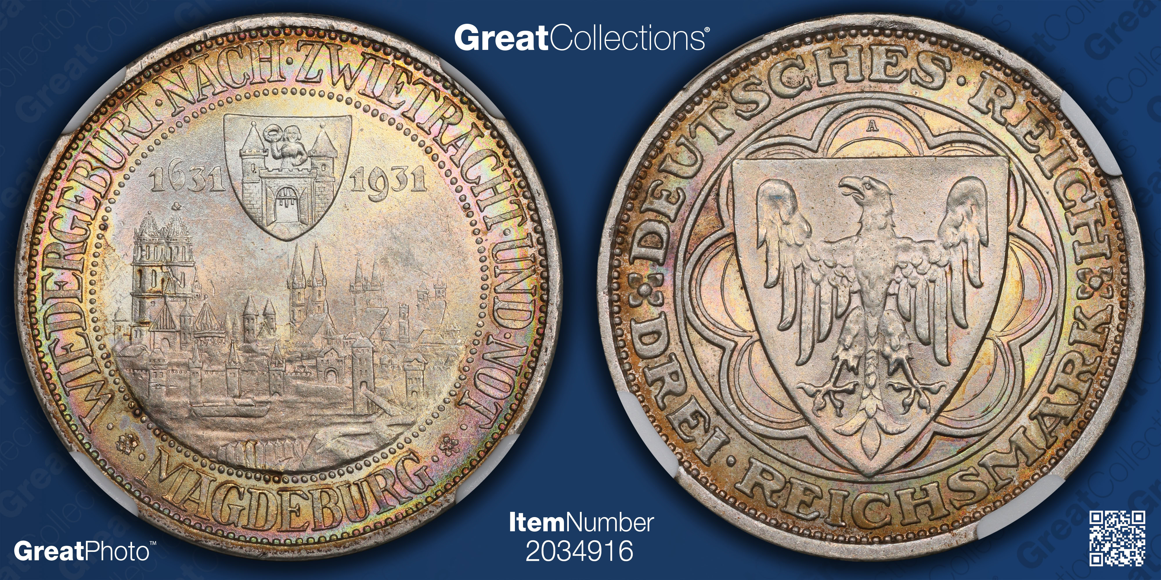 Germany 1931-A Silver 3 Marks Magdeburg Rebuilding 300th Anniversary KM ...