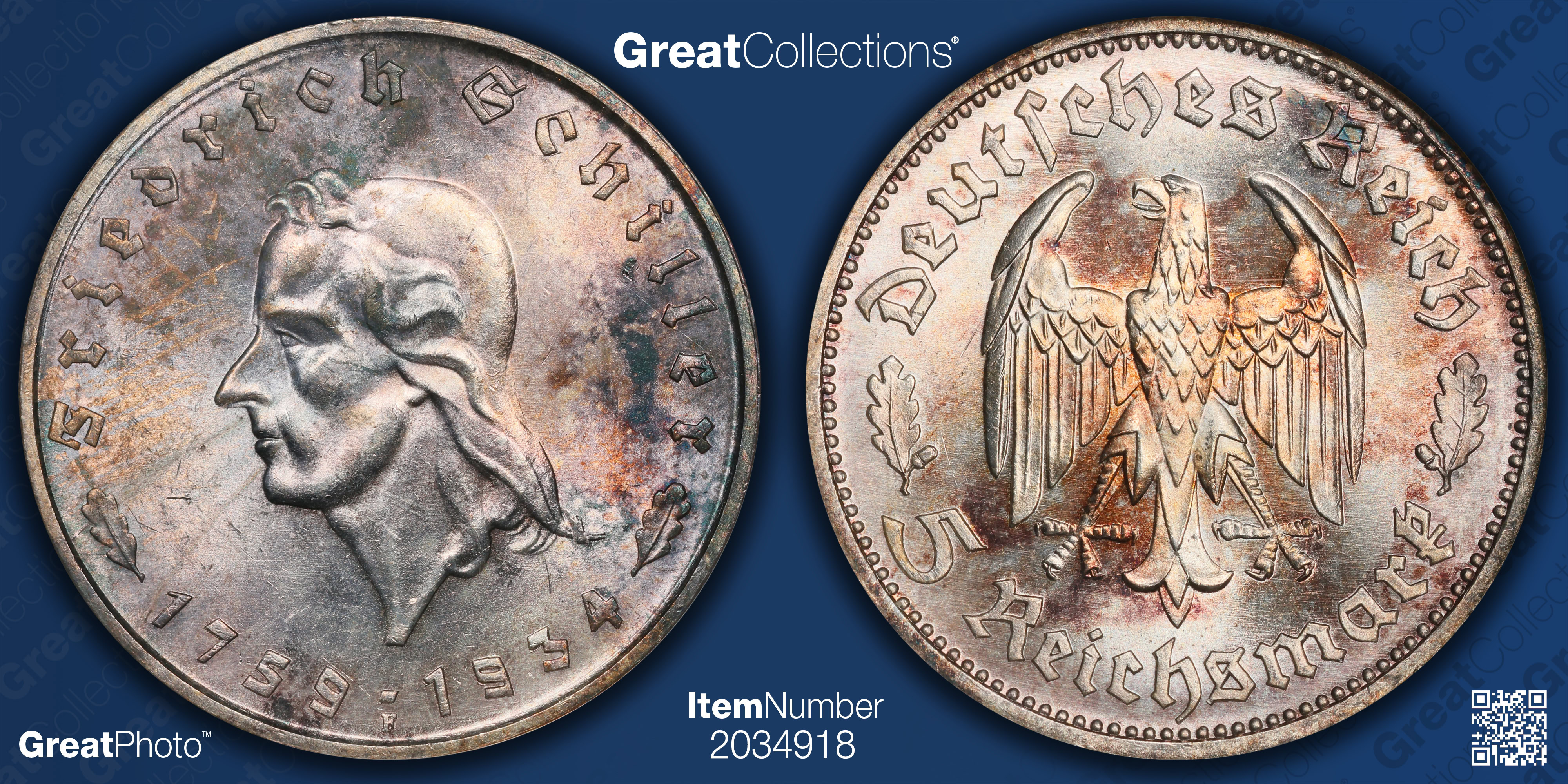 Germany 1934-F Silver 5 Marks Brith of Friedrich Schiller 175th ...