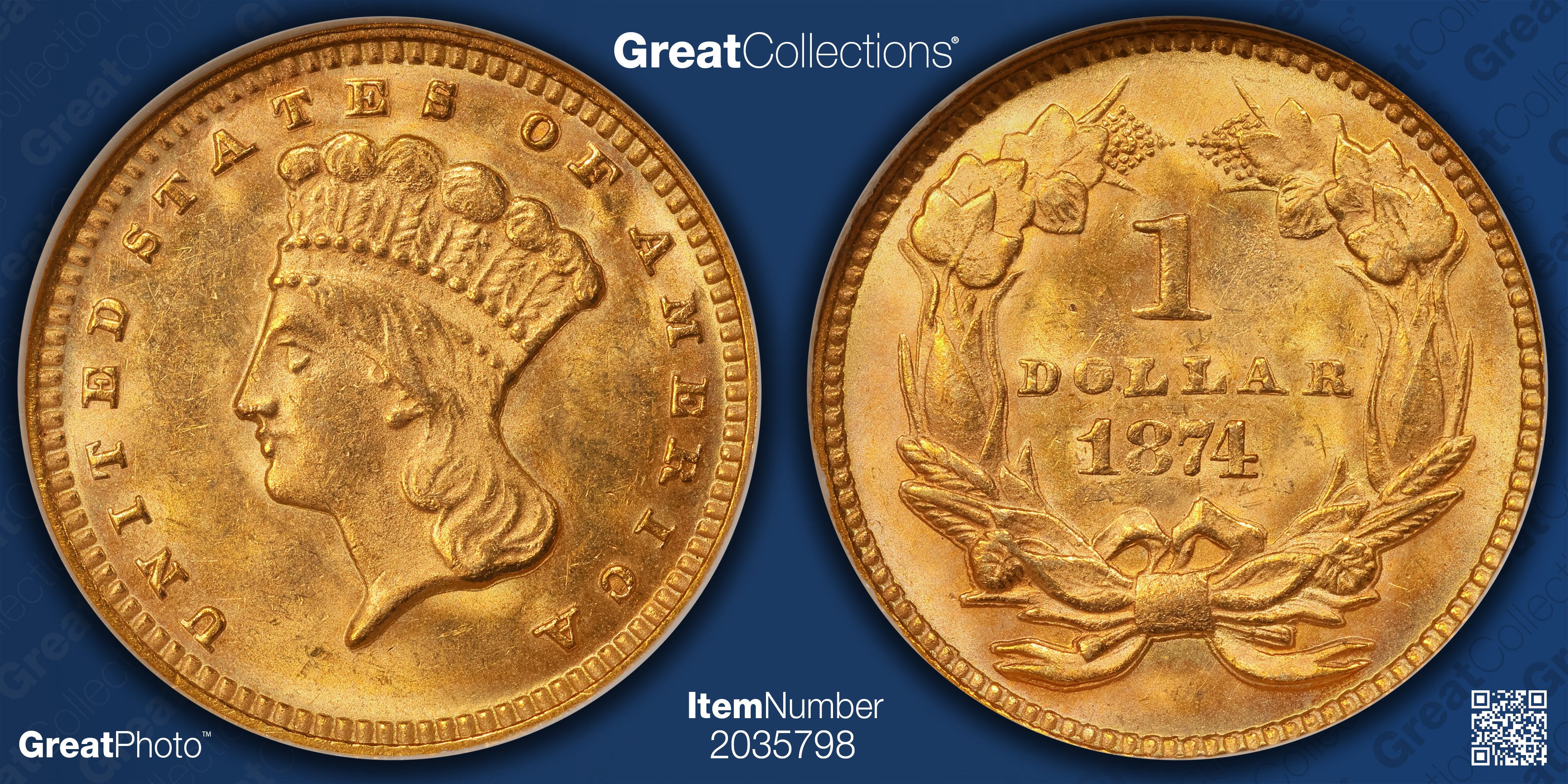 1874 Indian Princess Gold Dollar NGC MS-63 (Item 2035798 ...