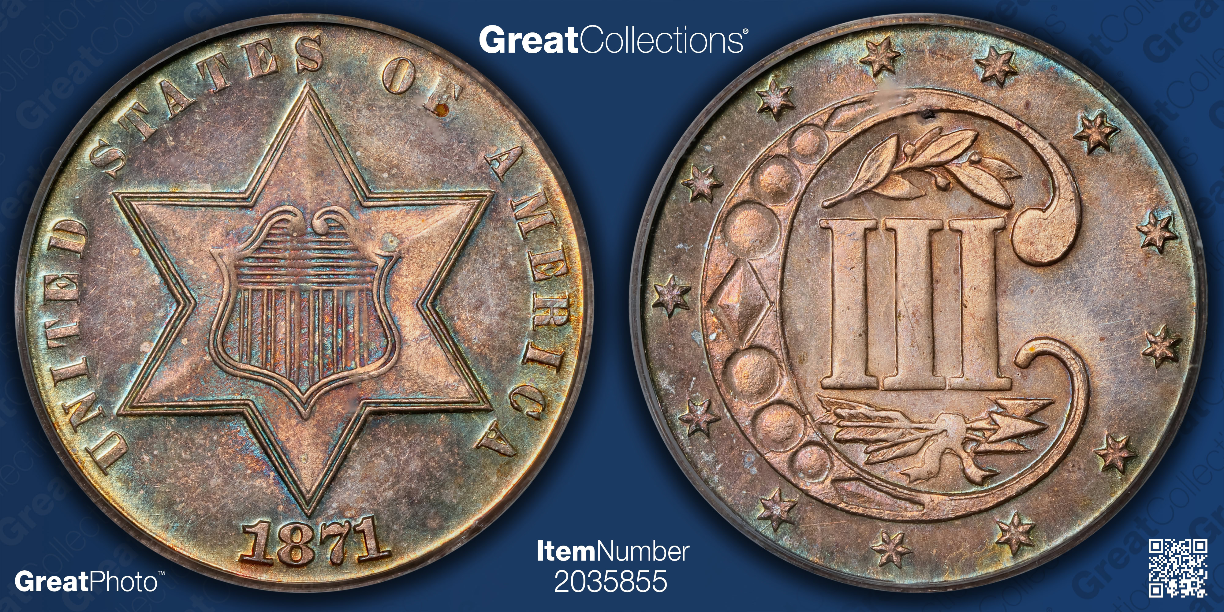 1871 Silver Three-Cent Piece PCGS Proof-65 (CAC Green) (Toned) (Item ...