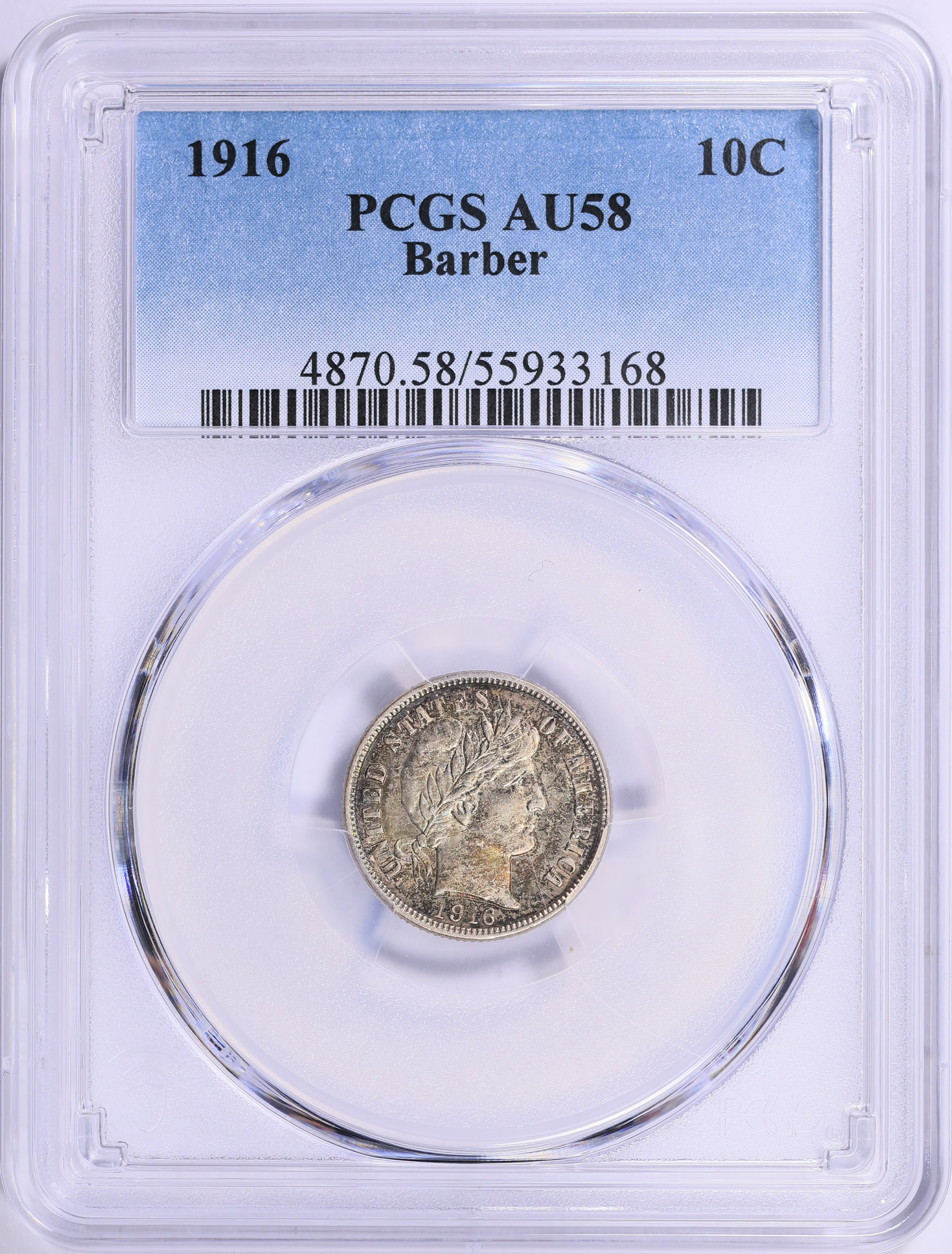 1916 Barber Dime PCGS AU-58 (Toned) (Item 2036046) | GreatCollections ...