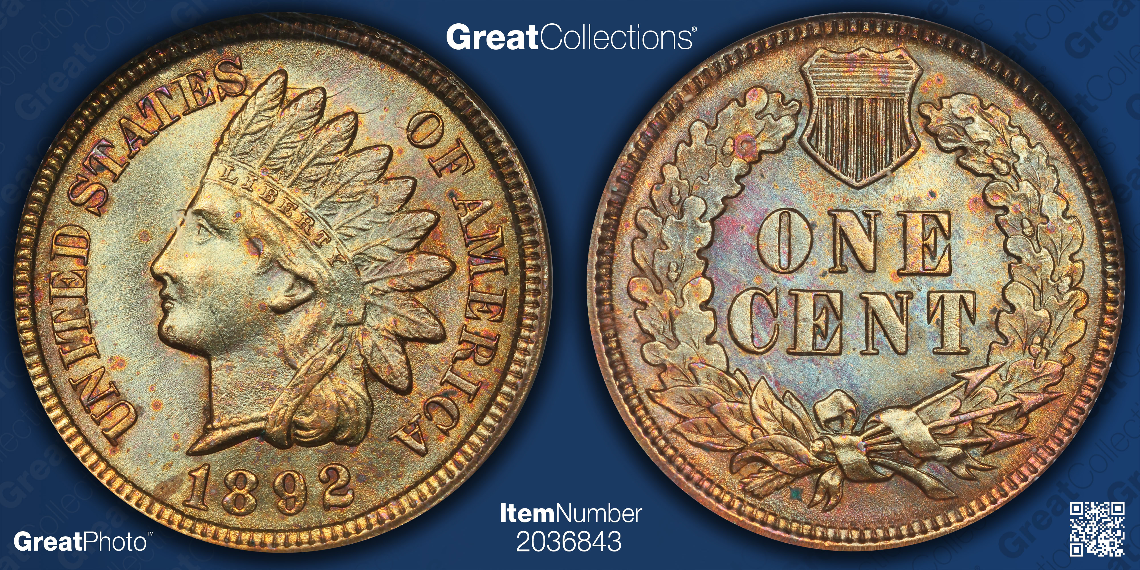 1892 Indian Cent NGC MS-64 BN (Toned) (Item 2036843) | GreatCollections ...
