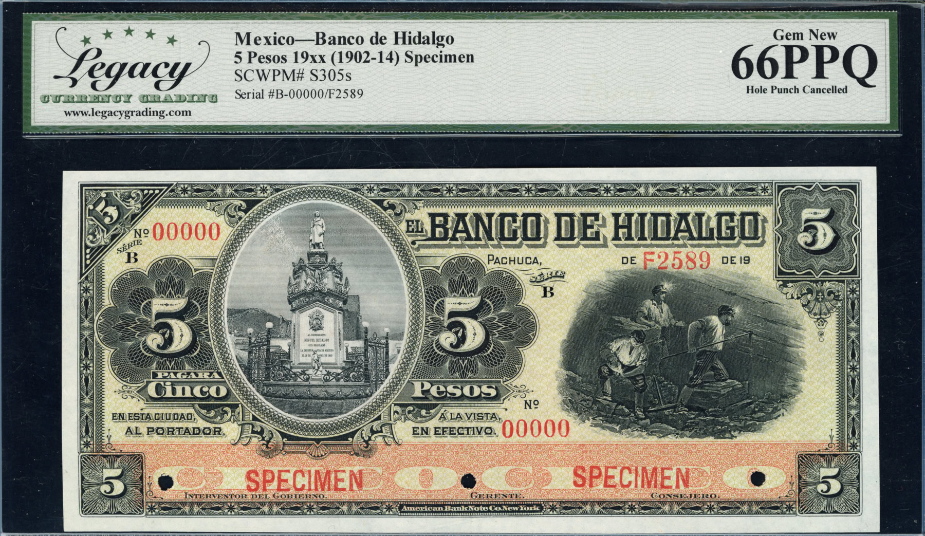Mexico 19xx (1902-14) 5 Pesos Banco de Hidalgo Specimen Note SCWPM ...