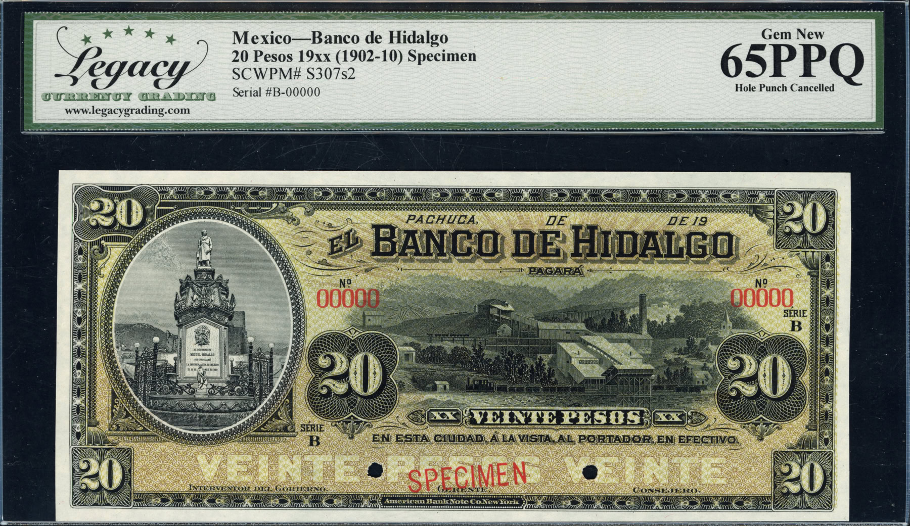 Mexico 19xx (1902-10) 20 Pesos Banco de Hidalgo Specimen Note SCWPM ...