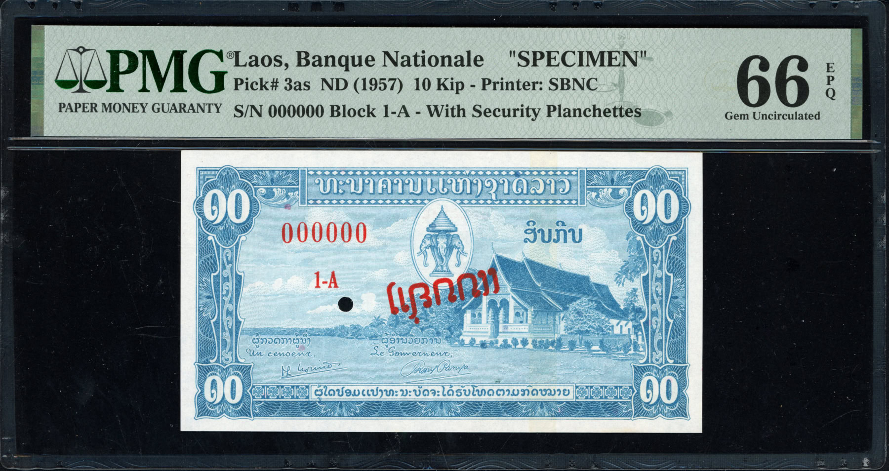 Laos ND (1957) 10 Kip Banque Nationale Specimen Note SCWPM-3as PMG Gem ...