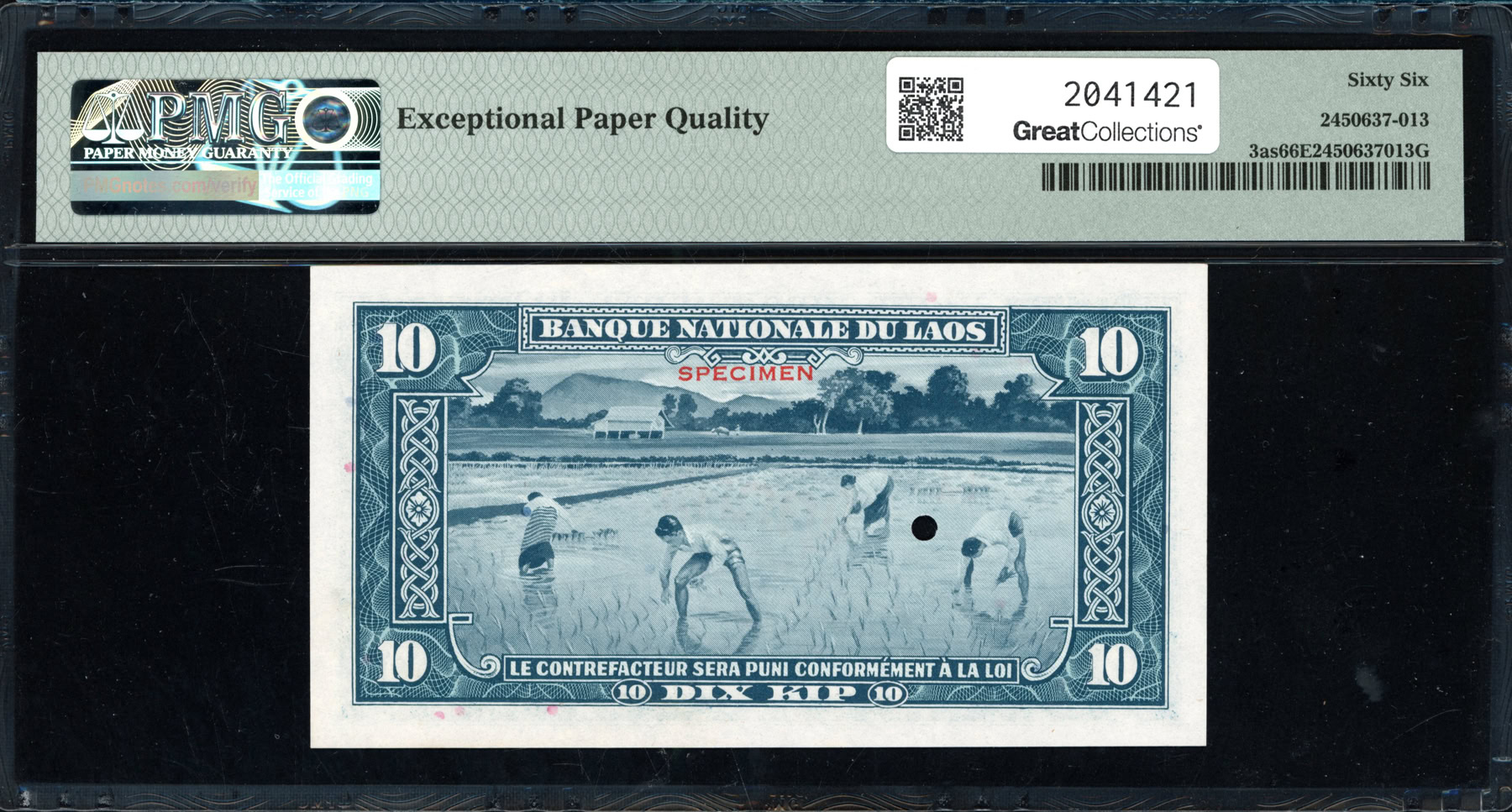 Laos ND (1957) 10 Kip Banque Nationale Specimen Note SCWPM-3as PMG Gem ...