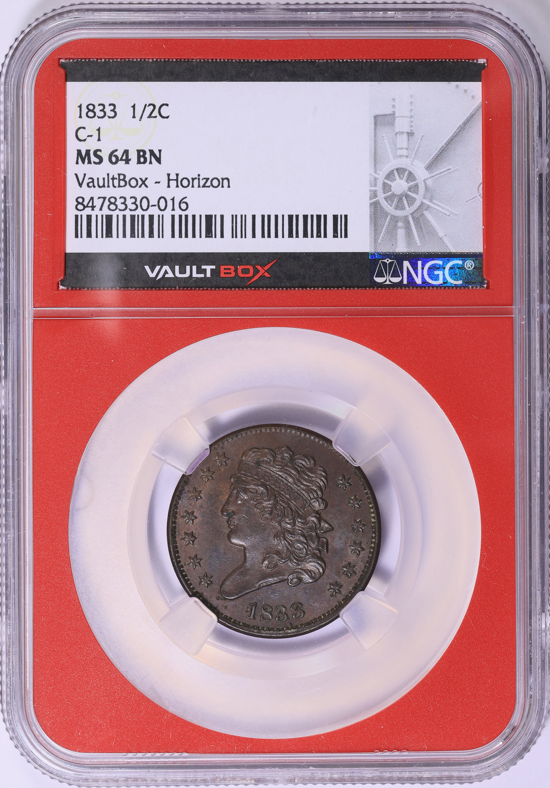 1833 Classic Half Cent Cohen 1 NGC MS-64 BN (VaultBox Horizon Red ...