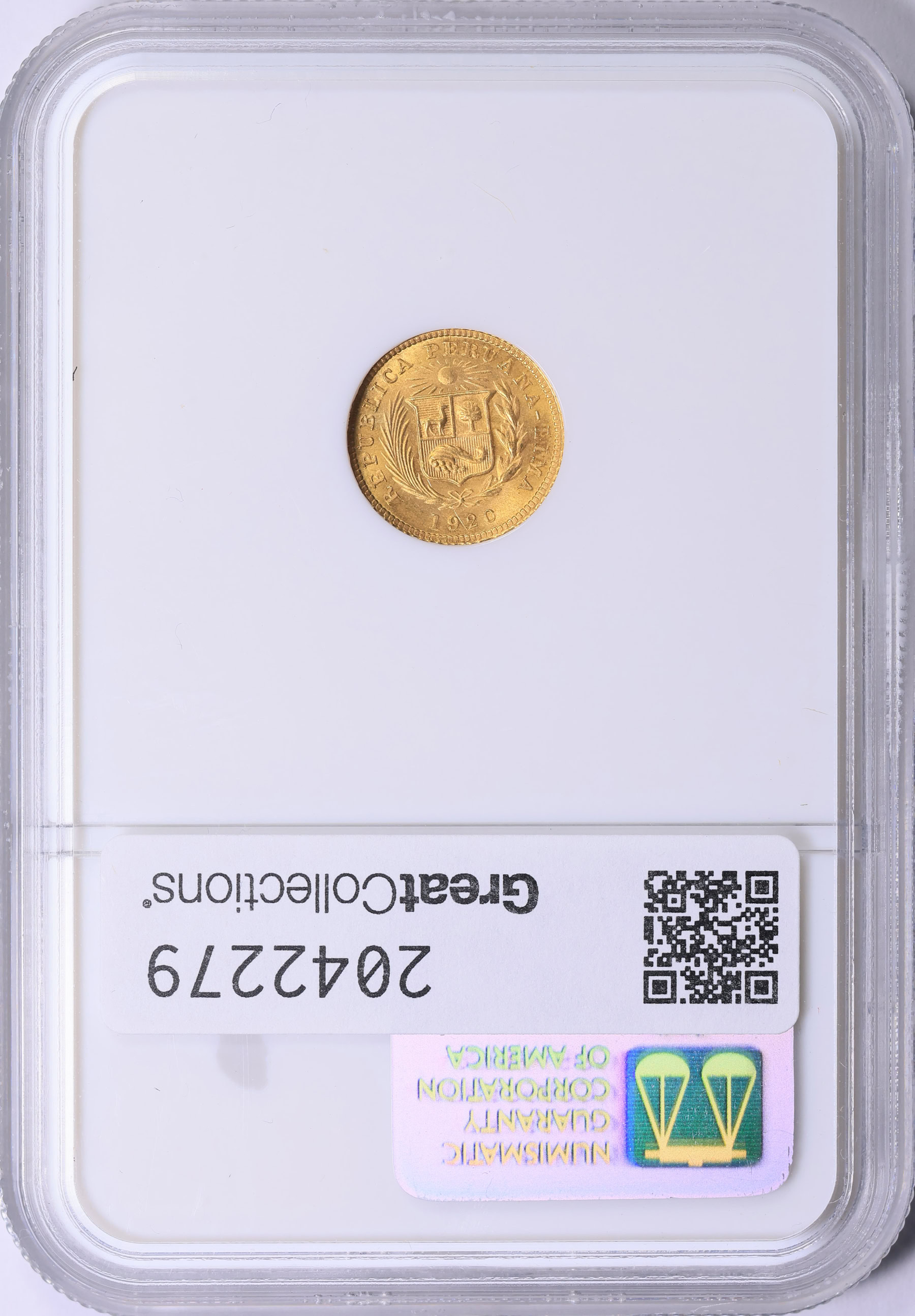 Peru 1920 Gold 1/5 Libra KM-210 NGC MS-66 (AGW = 0.0471 oz.) | NGC Cert ...