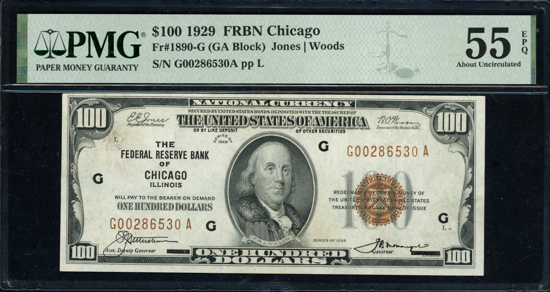 Fr. 1890-G (GA Block) 1929 $100 Chicago Federal Reserve Bank Note Jones ...