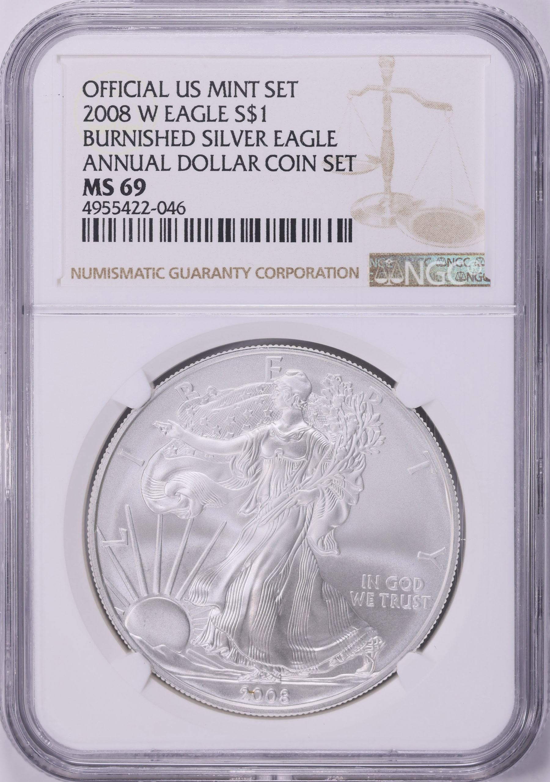 2008-W $1 Silver Eagle Burnished (From the Annual Dollar Coin Set) NGC ...