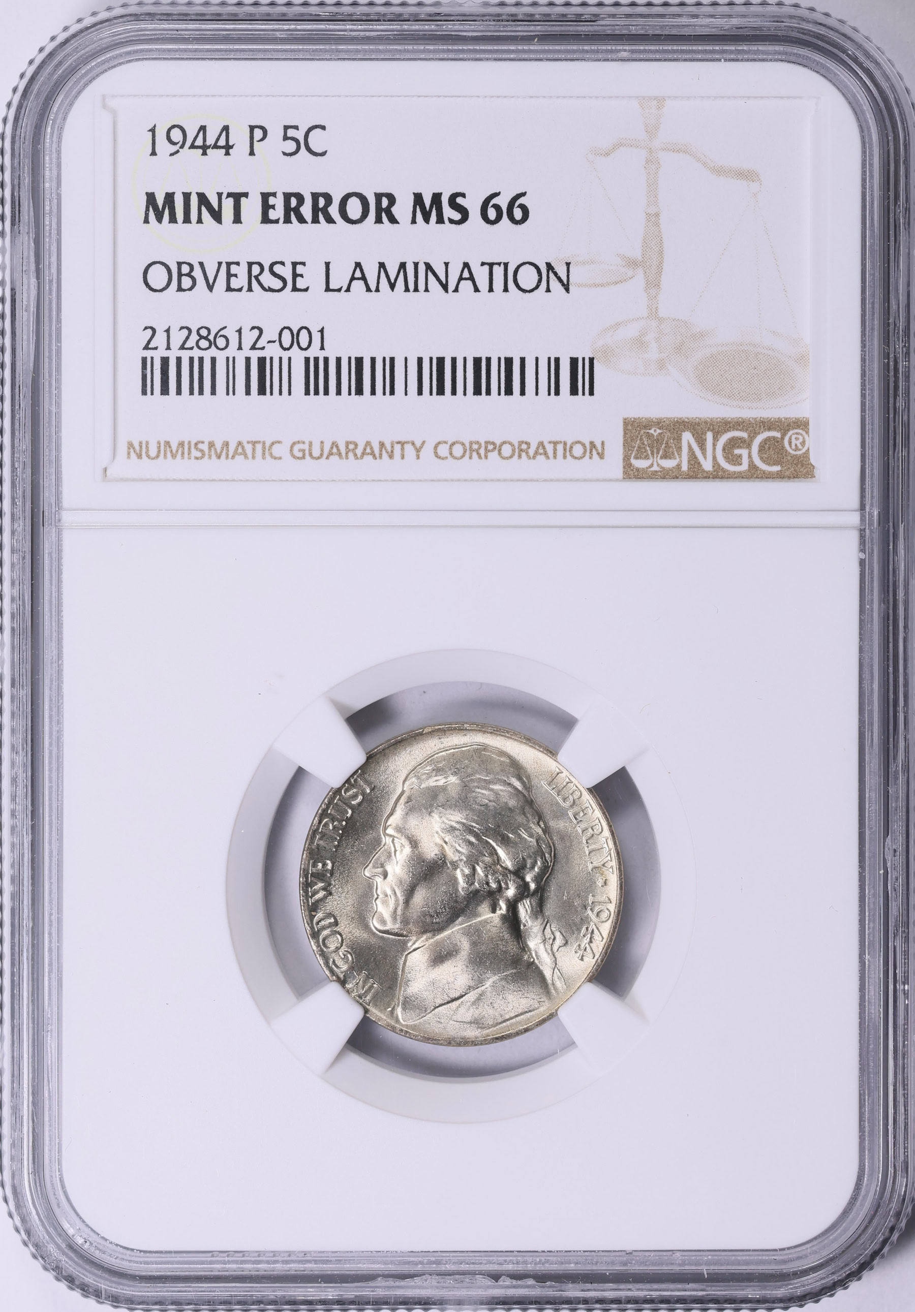 Mint Error 1944-P Jefferson Nickel Obverse Lamination NGC MS-66 | NGC ...