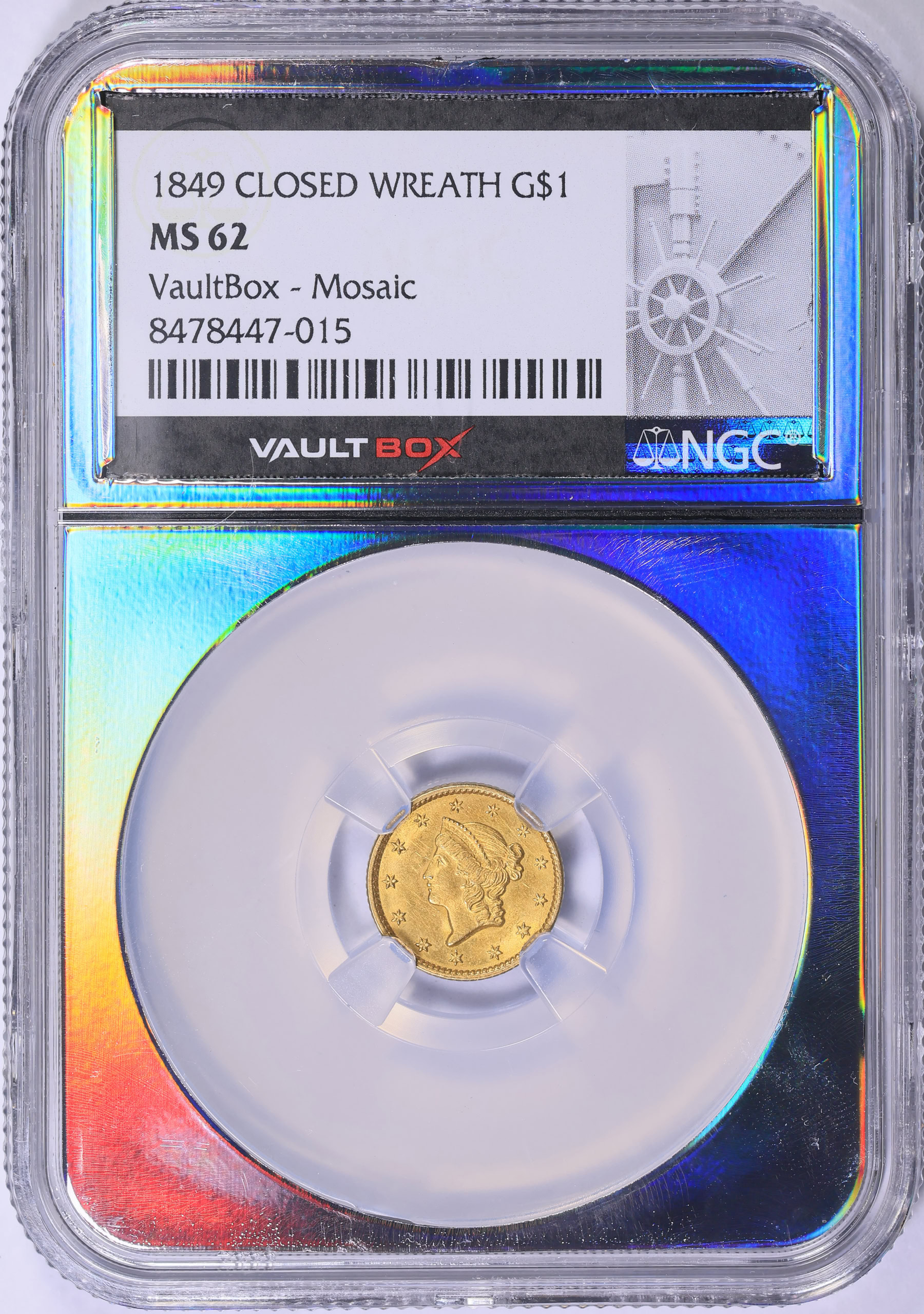 1849 Liberty Gold Dollar Closed Wreath NGC MS-62 (VaultBox Mosaic Holo ...