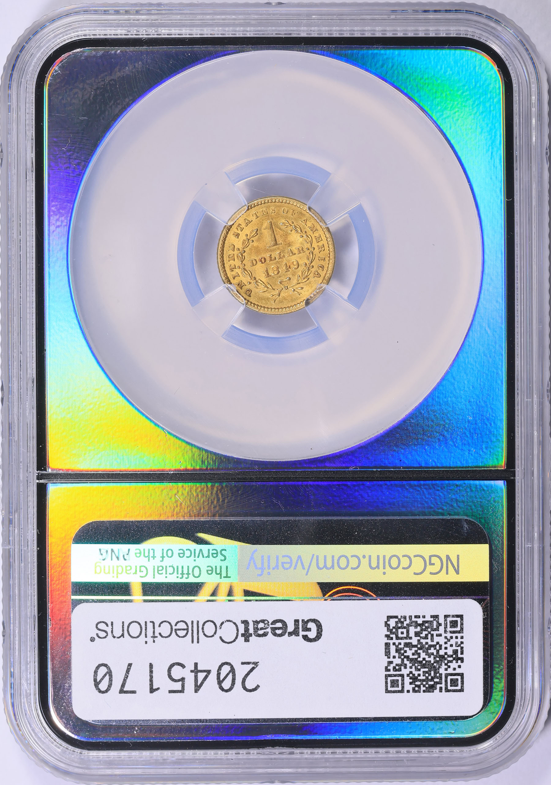 1849 Liberty Gold Dollar Closed Wreath NGC MS-62 (VaultBox Mosaic Holo ...