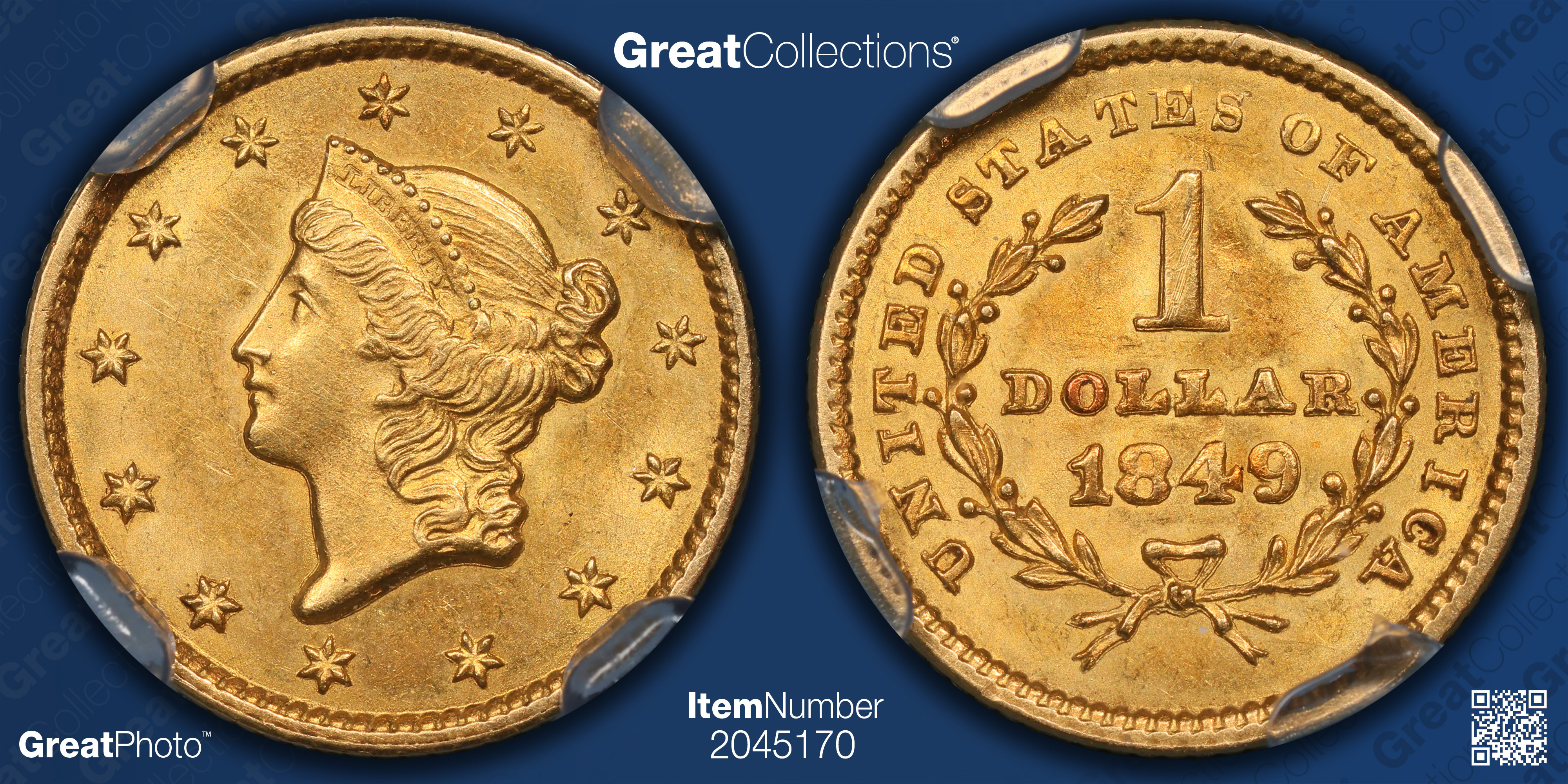 1849 Liberty Gold Dollar Closed Wreath NGC MS-62 (VaultBox Mosaic Holo ...