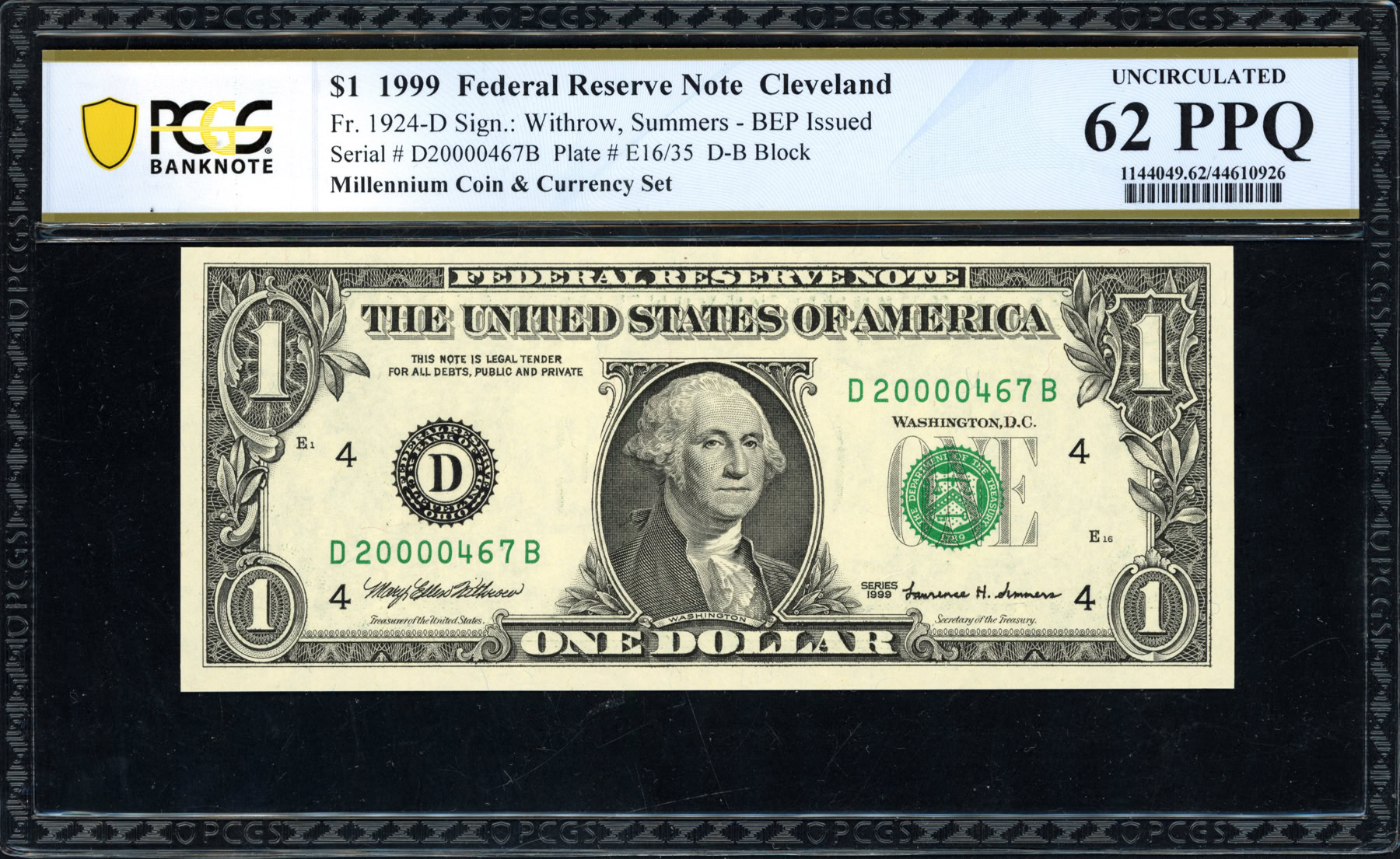 Fr. 1924-D (DB Block) 1999 $1 Cleveland Federal Reserve Note From ...