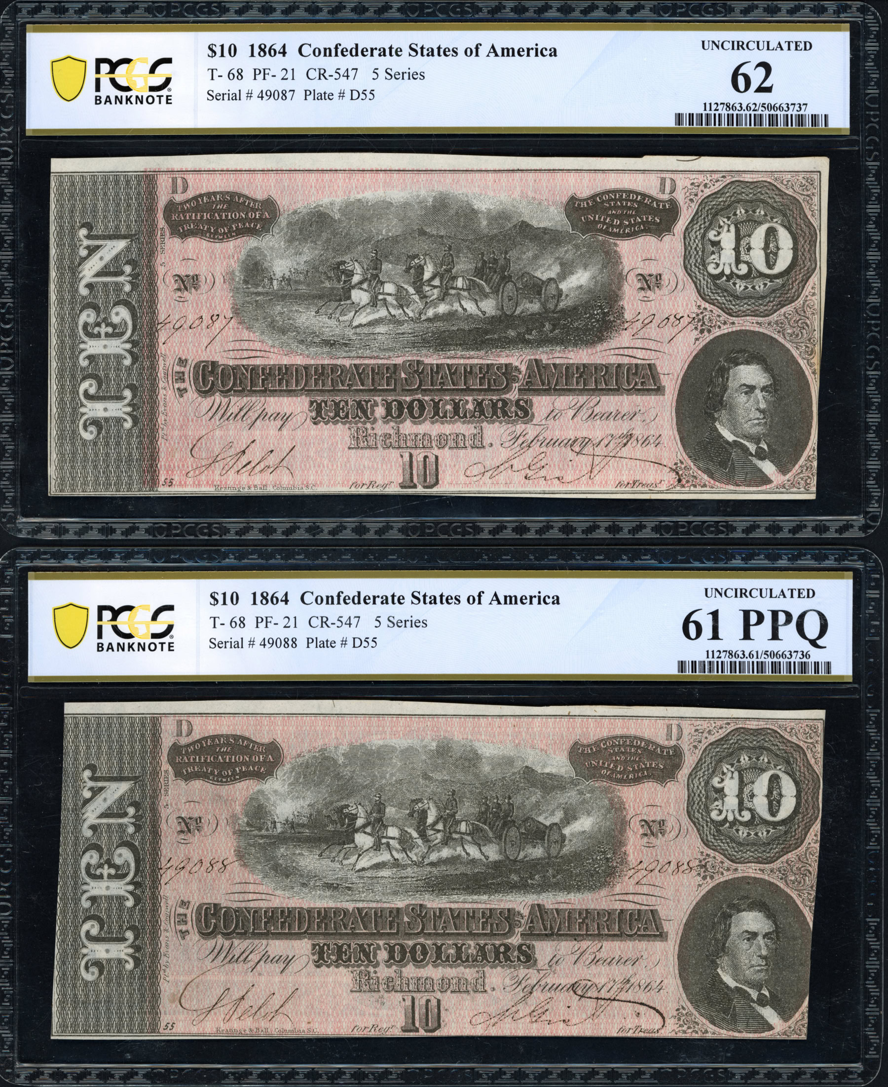 T-68 Confederate States of America 1864 $10 Notes *Sequential Serial ...
