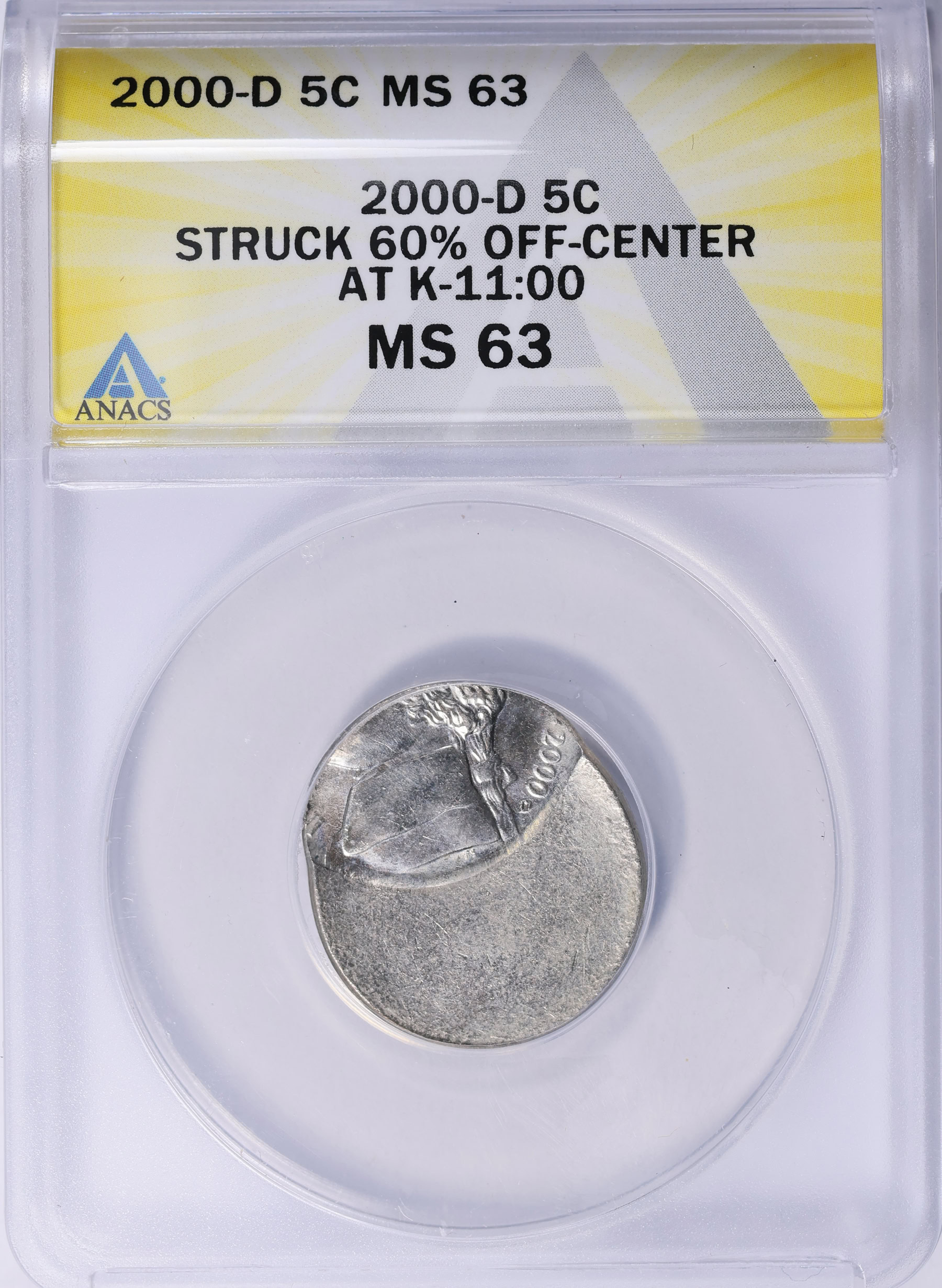Mint Error 2000-D Jefferson Nickel Struck 60% Off-Center at K-11:00 ...