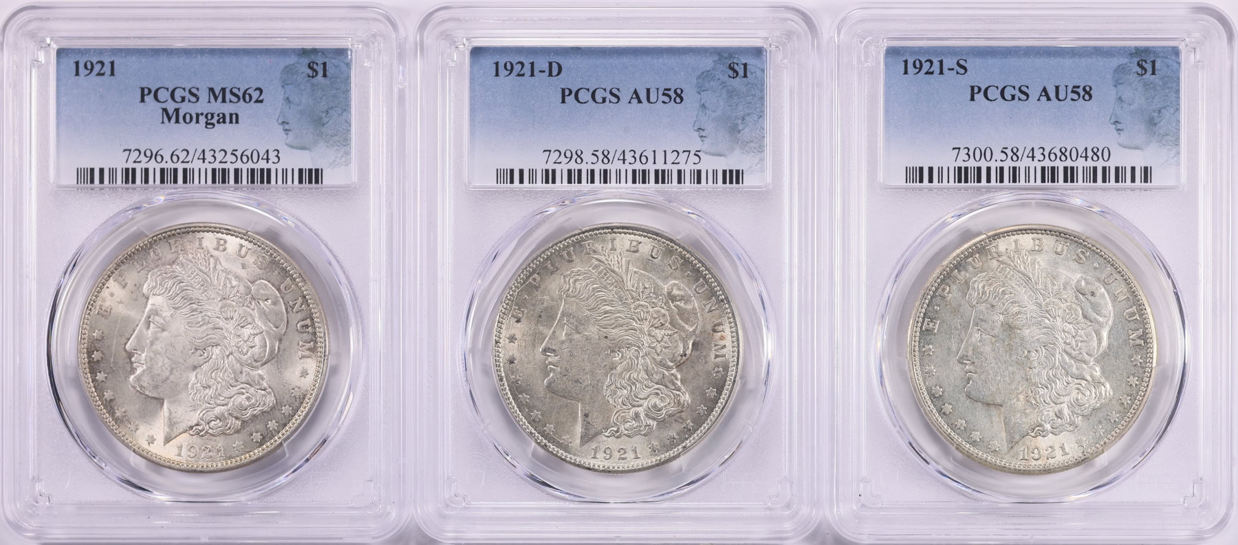 1921-P/D/S Morgan Silver Dollar PCGS AU-58/MS-62 (Morgan Silhouette ...