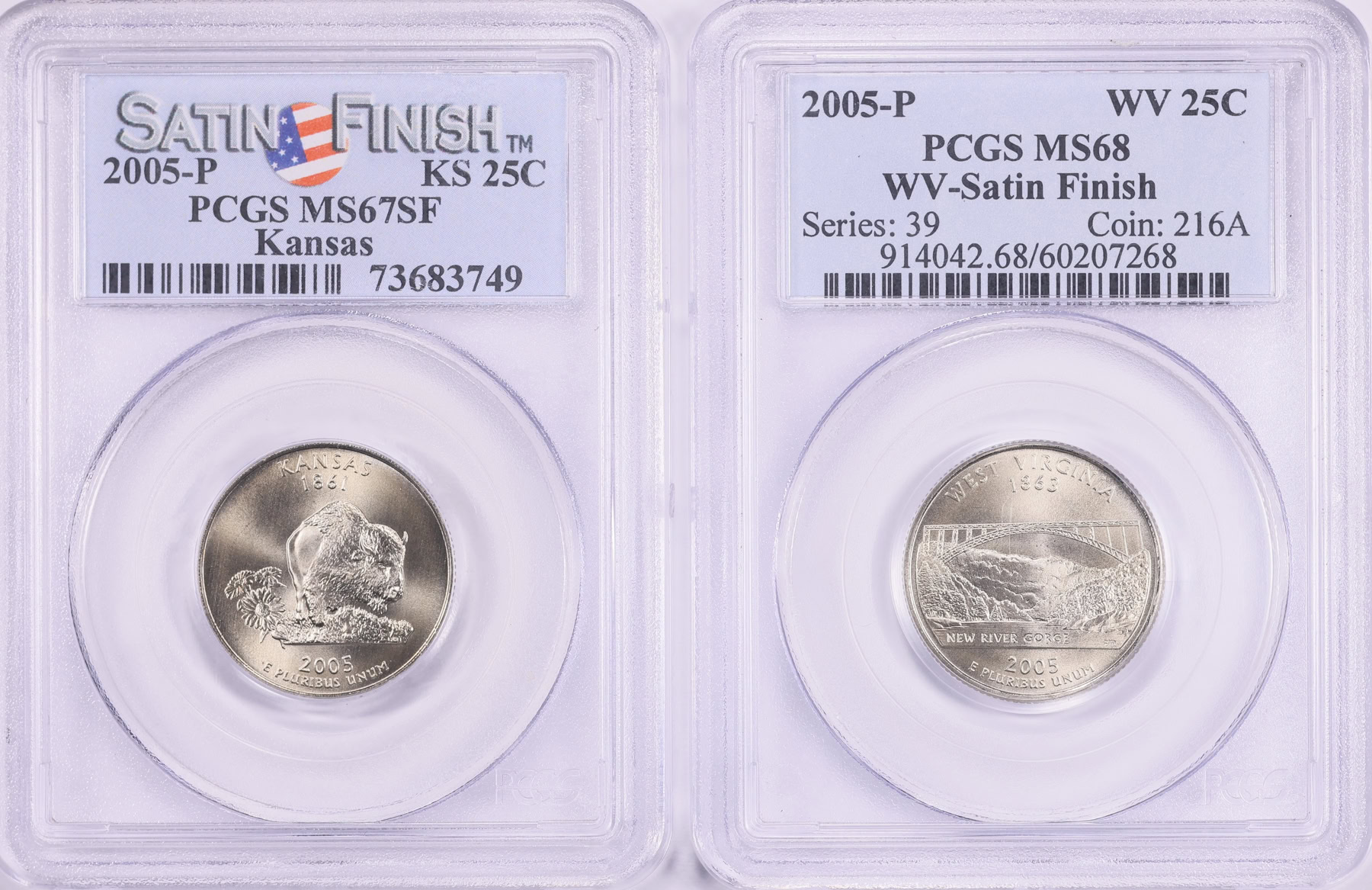 2005-P State Quarter Kansas and West Virginia Satin Finish PCGS MS-67/ ...