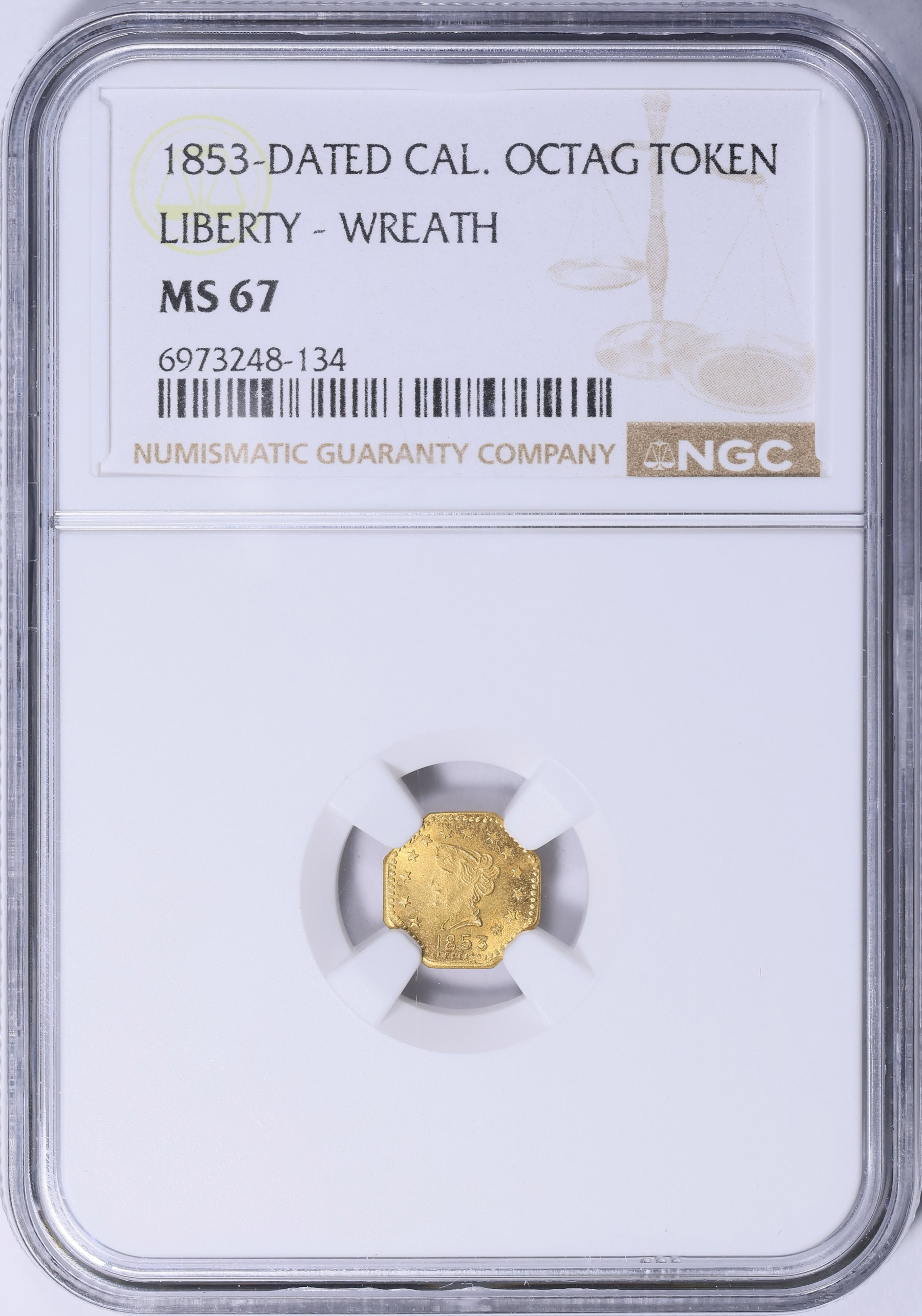 1853-Dated California Gold Token Octagonal Liberty #6 - Wreath #4d 10mm ...