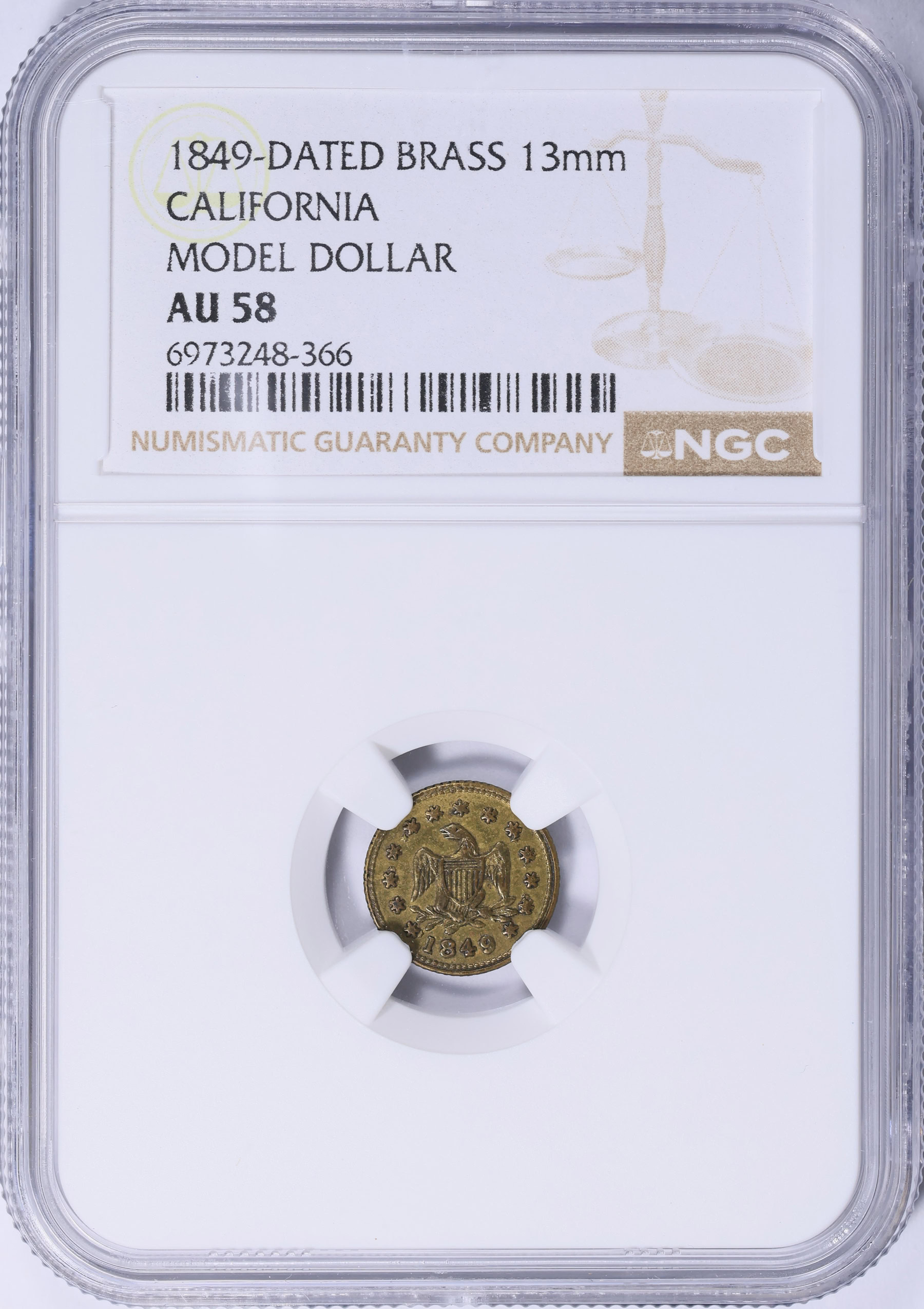 1849-Dated Brass California Model Dollar Token 13mm NGC AU-58 | NGC ...