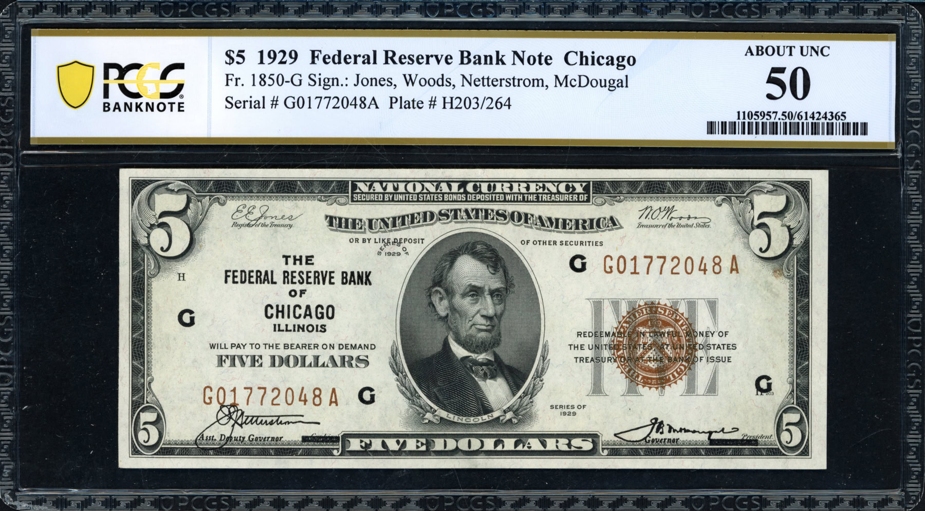 Fr. 1850-G (GA Block) 1929 $5 Chicago Federal Reserve Bank Note Jones ...