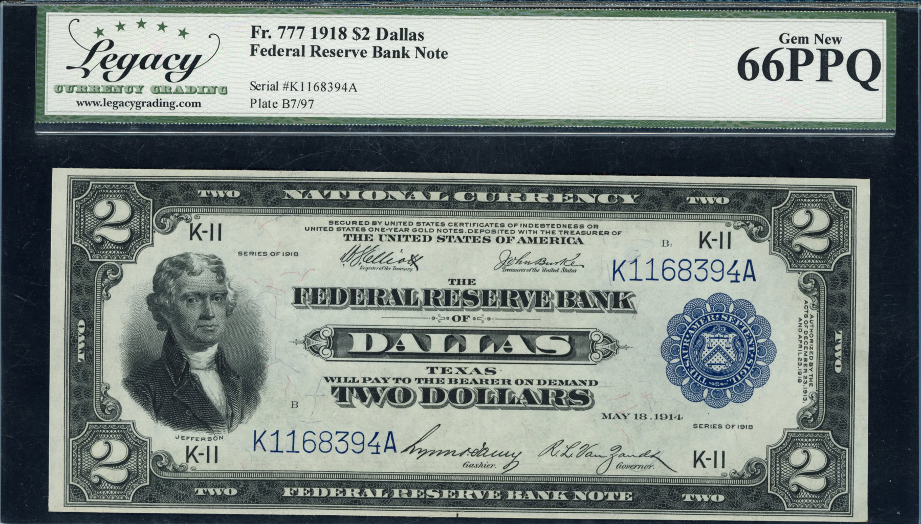 Fr. 777 1918 $2 Federal Reserve Bank Note Dallas Elliott / Burke ...