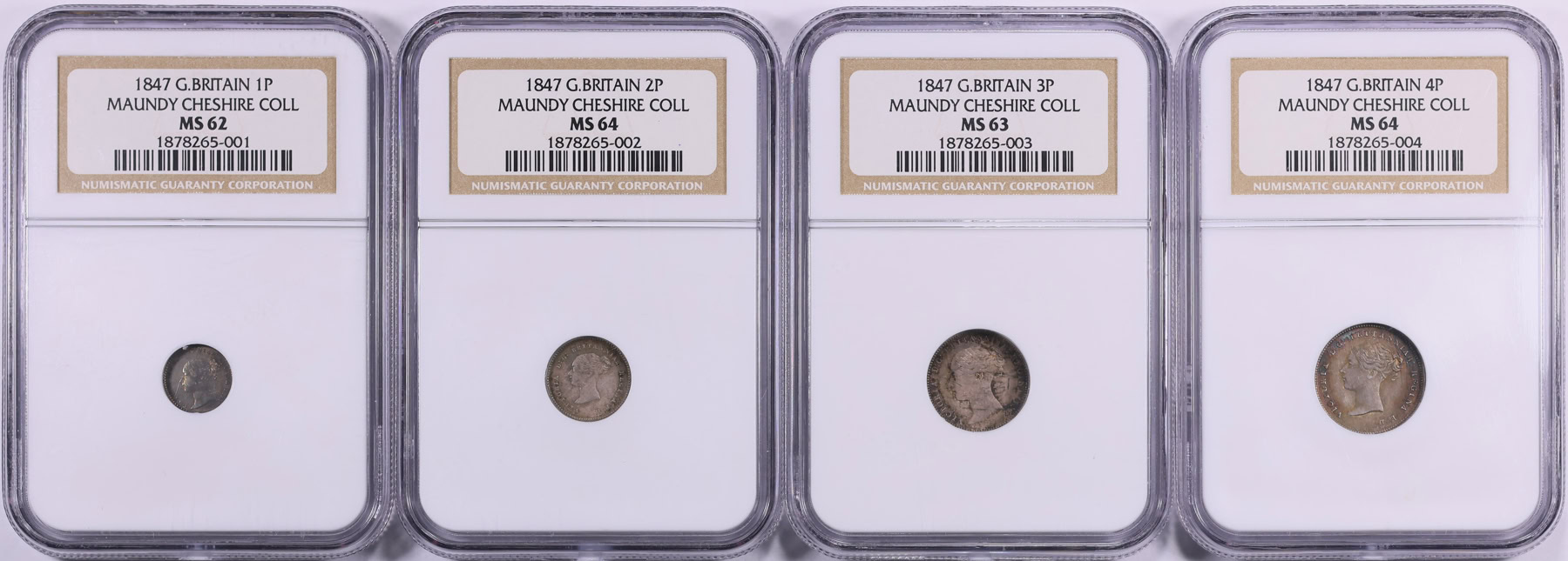 Great Britain 1847 Silver 1p, 2p, 3p & 4p Maundy Set KM-MD97 NGC MS-62 ...