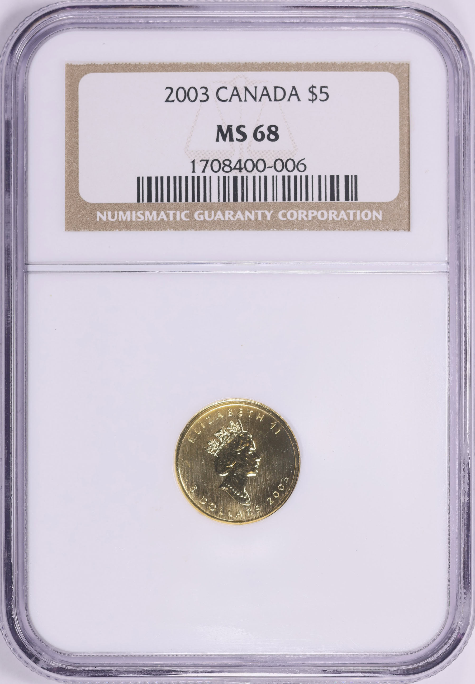 Canada 2003 Gold $5 Maple Leaf KM-188 NGC MS-68 (AGW = 0.1003 oz ...