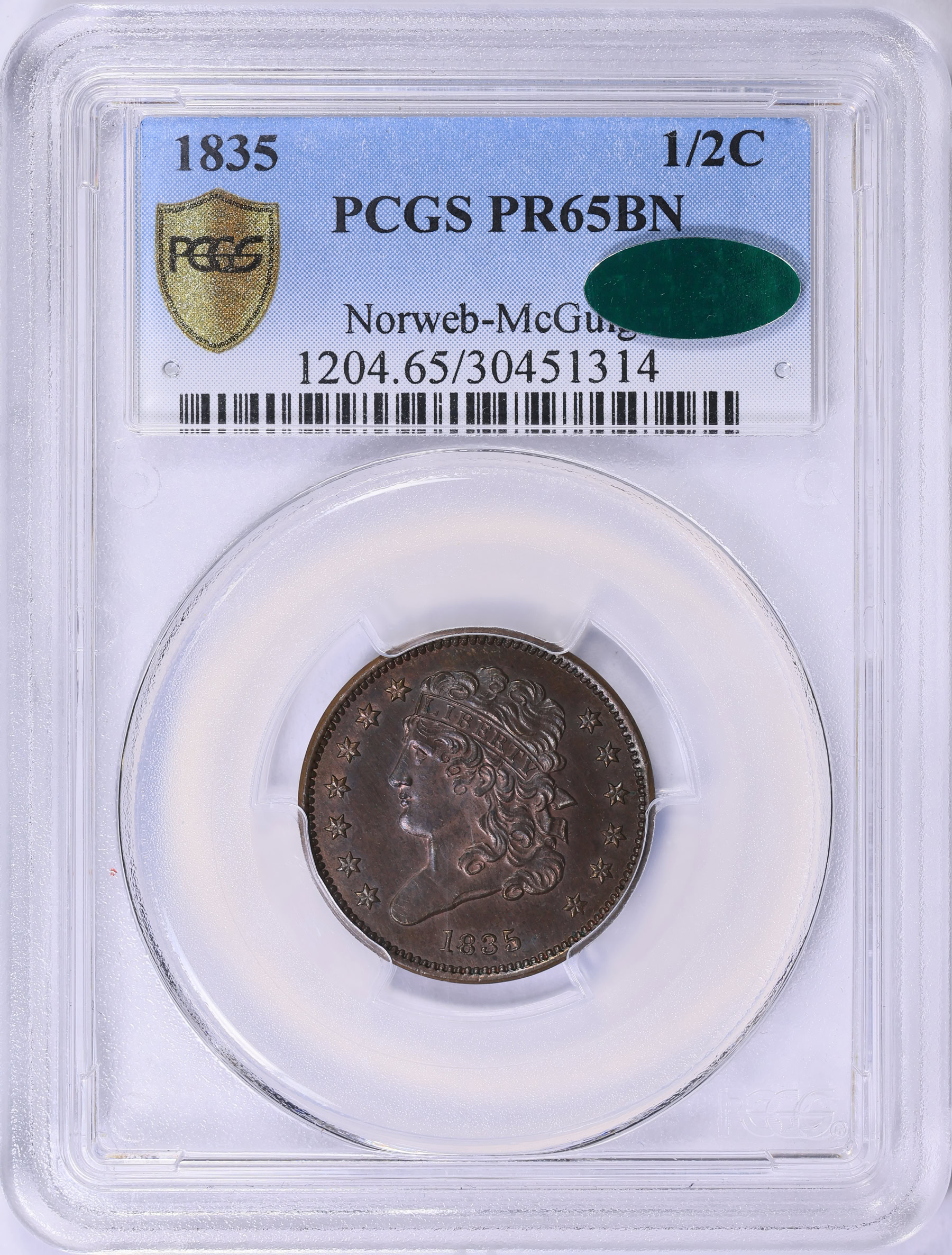 1835 Classic Half Cent PCGS Proof-65 BN (CAC Green) (Norweb-McGuigan ...