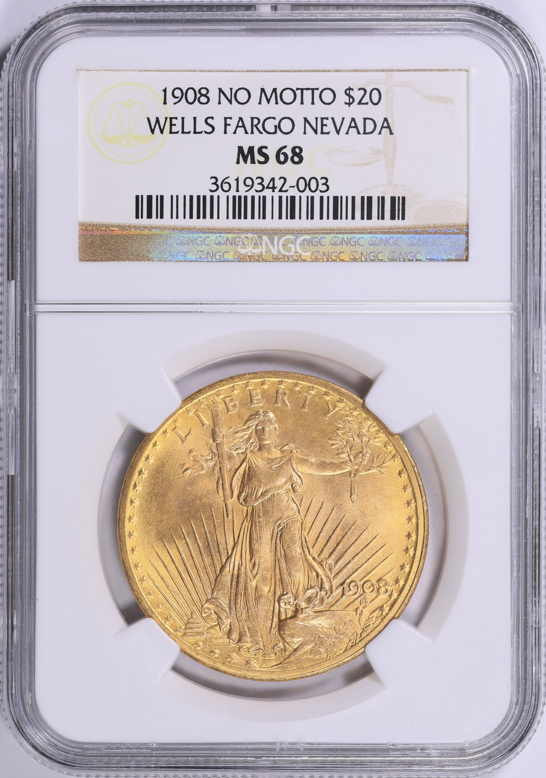 1908 Saint-Gaudens Gold Double Eagle No Motto Wells Fargo Nevada Gold ...