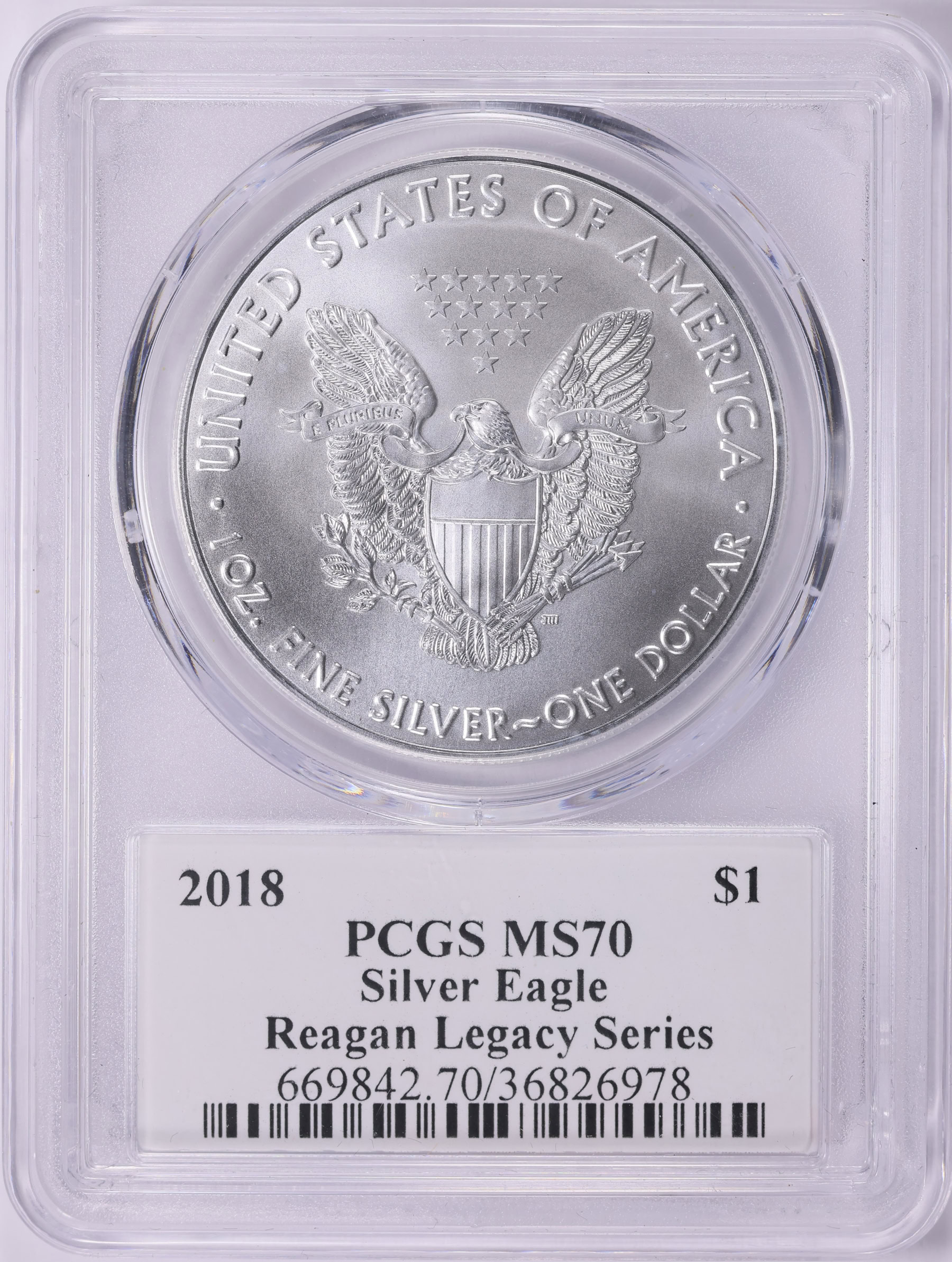 2018 $1 Silver Eagle Reagan Legacy Series PCGS MS-70 (Cameron Reagan ...