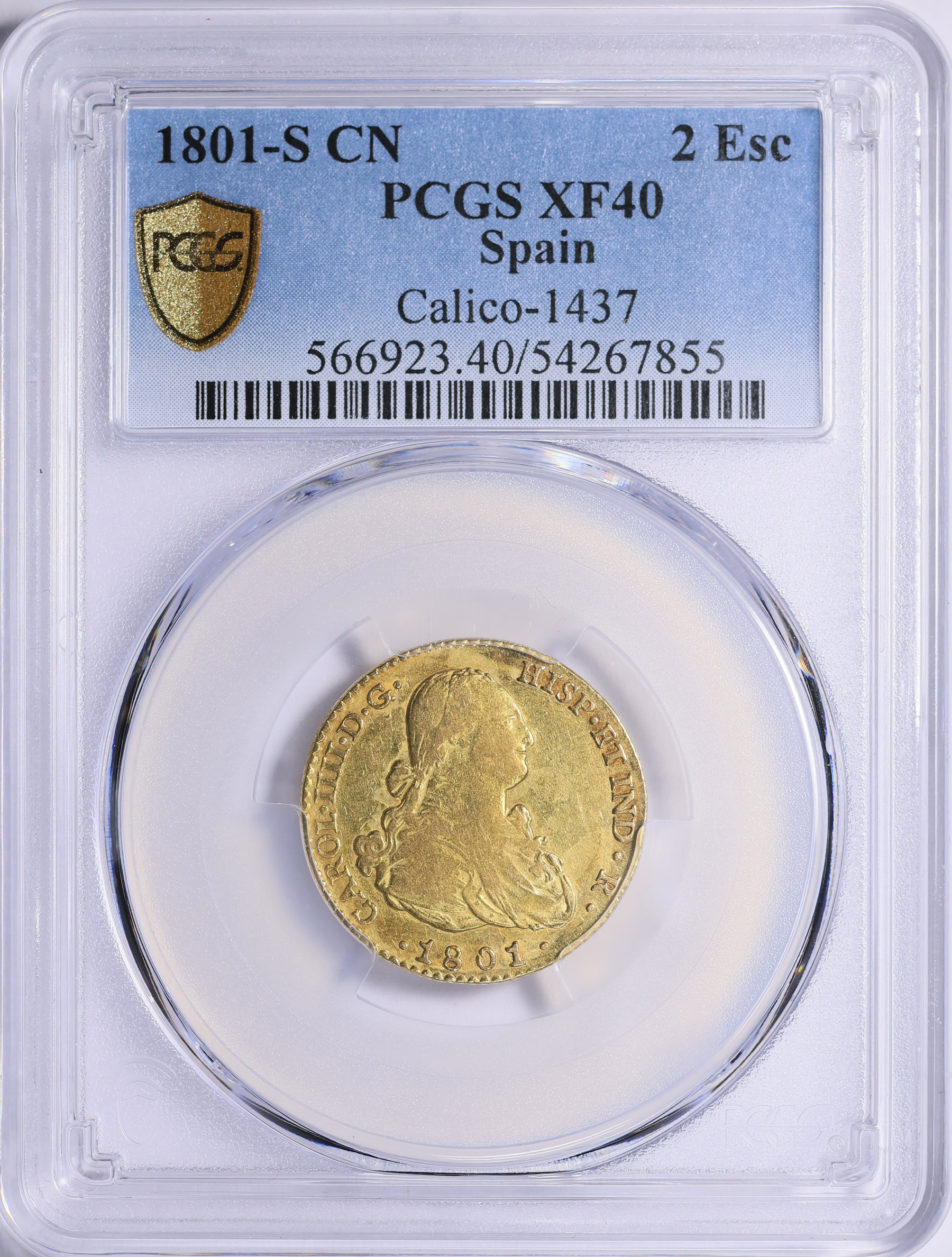 Spain 1801-S CN Gold 2 Escudos KM-435.2 PCGS XF-40 (AGW = 0.1905 oz ...