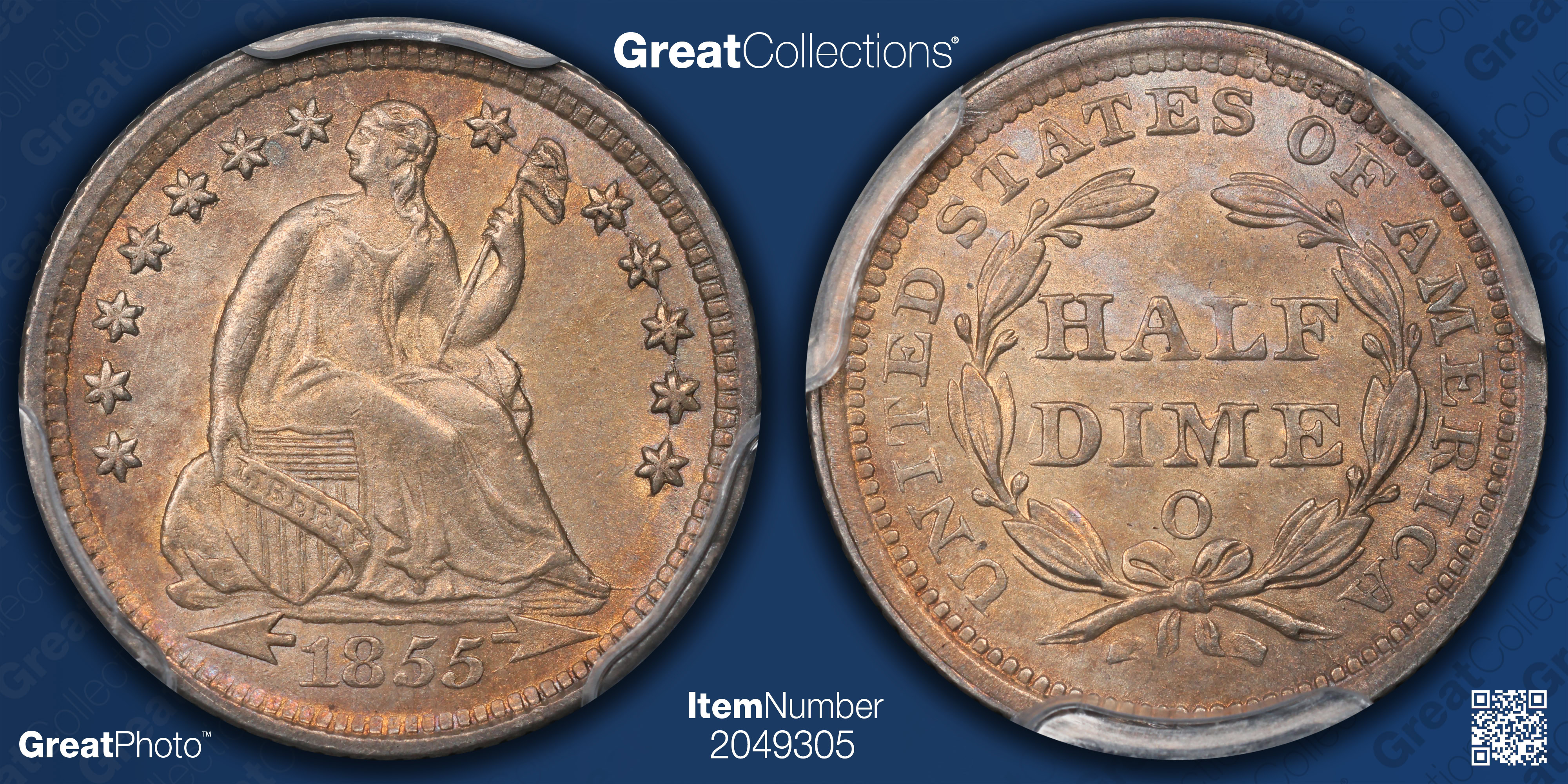 1855-O Seated Liberty Half Dime Arrows PCGS MS-64 (Toned) (Item 2049305 ...