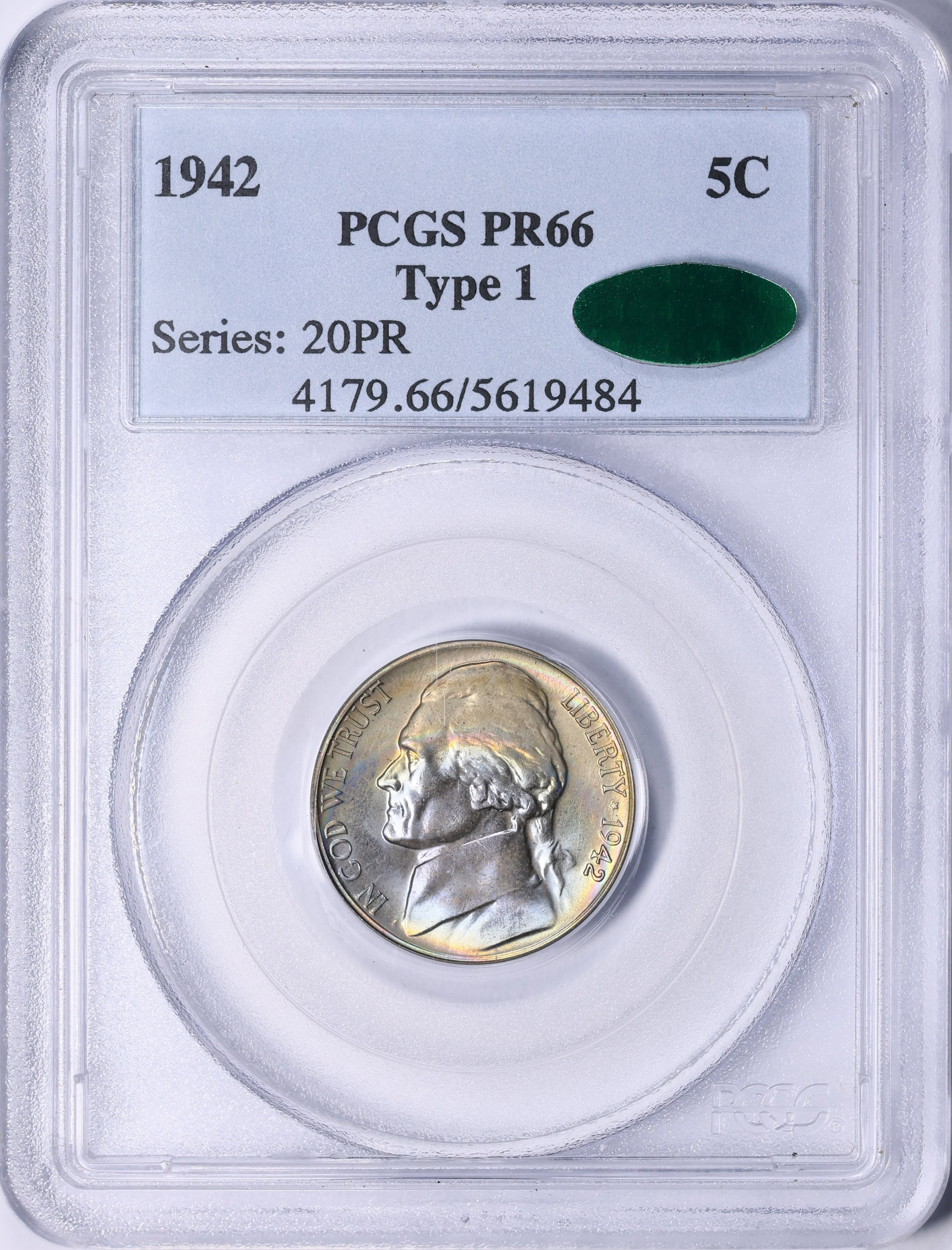 1942 Jefferson Nickel Type 1 PCGS Proof-66 (CAC Green) (Toned) (Item ...