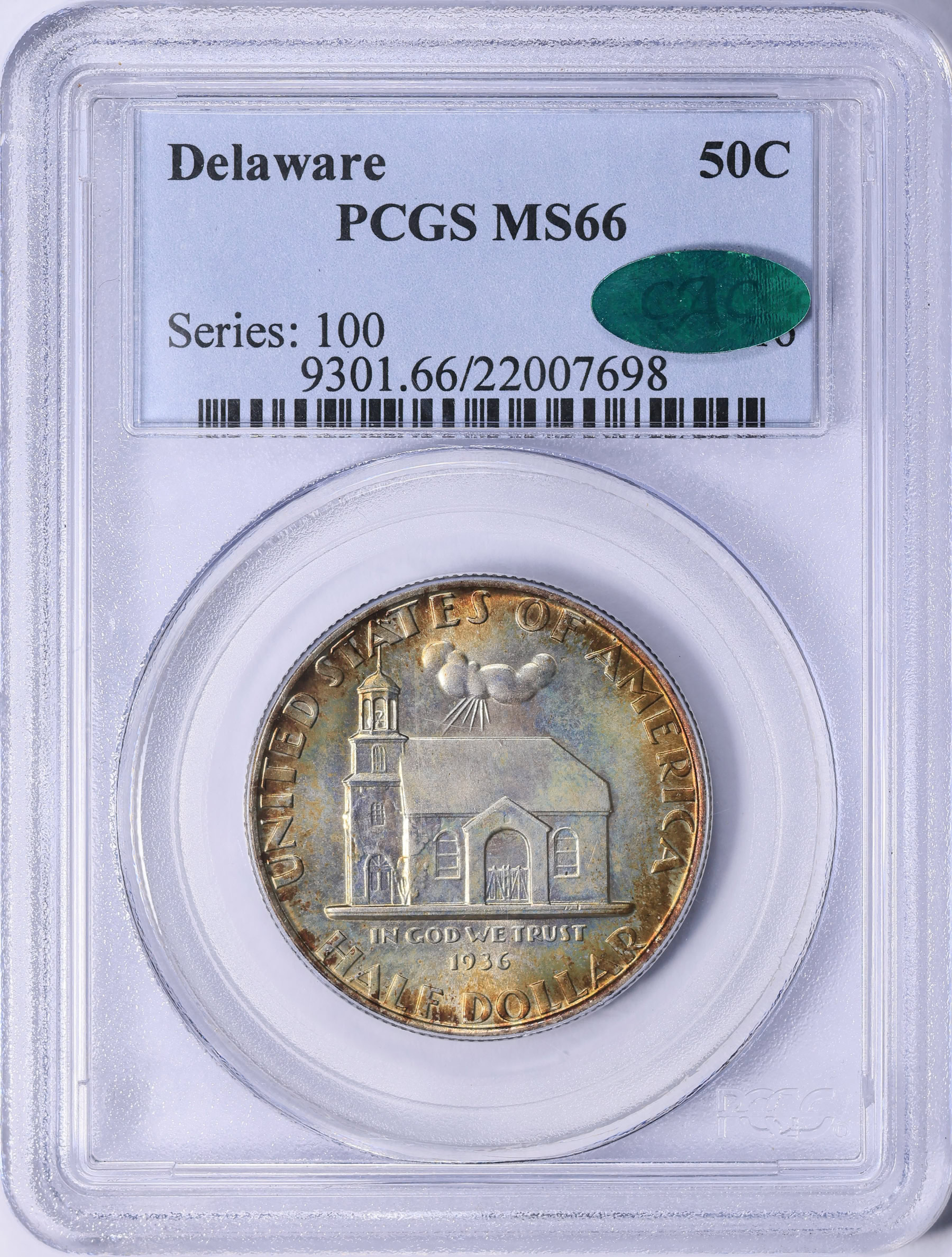1936 Delaware Tercentenary Half Dollar PCGS MS-66 (CAC Green) (Toned ...