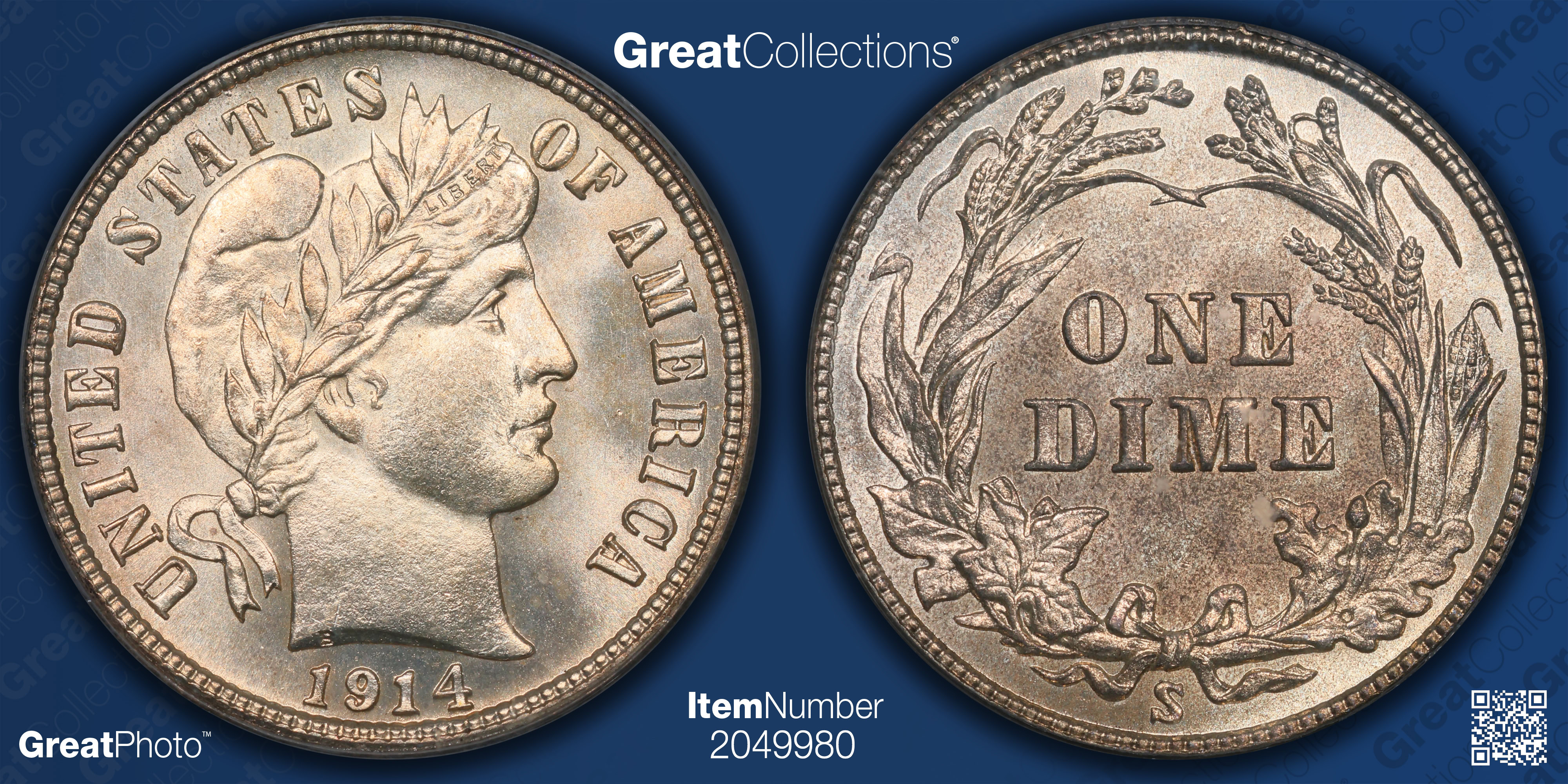 1914-S Barber Dime PCGS MS-66 (CAC Green) (Toned) (Eliasberg Collection ...