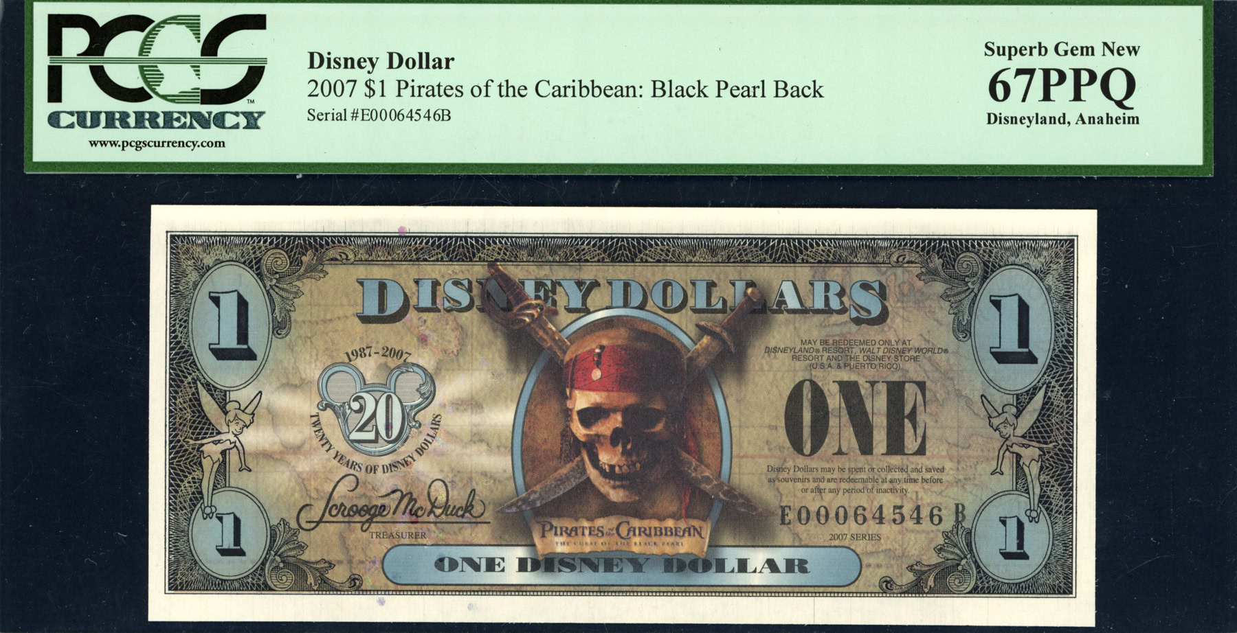 2007 Disneyland $1 Disney Dollar Note Curse of the Black Pearl / Black ...