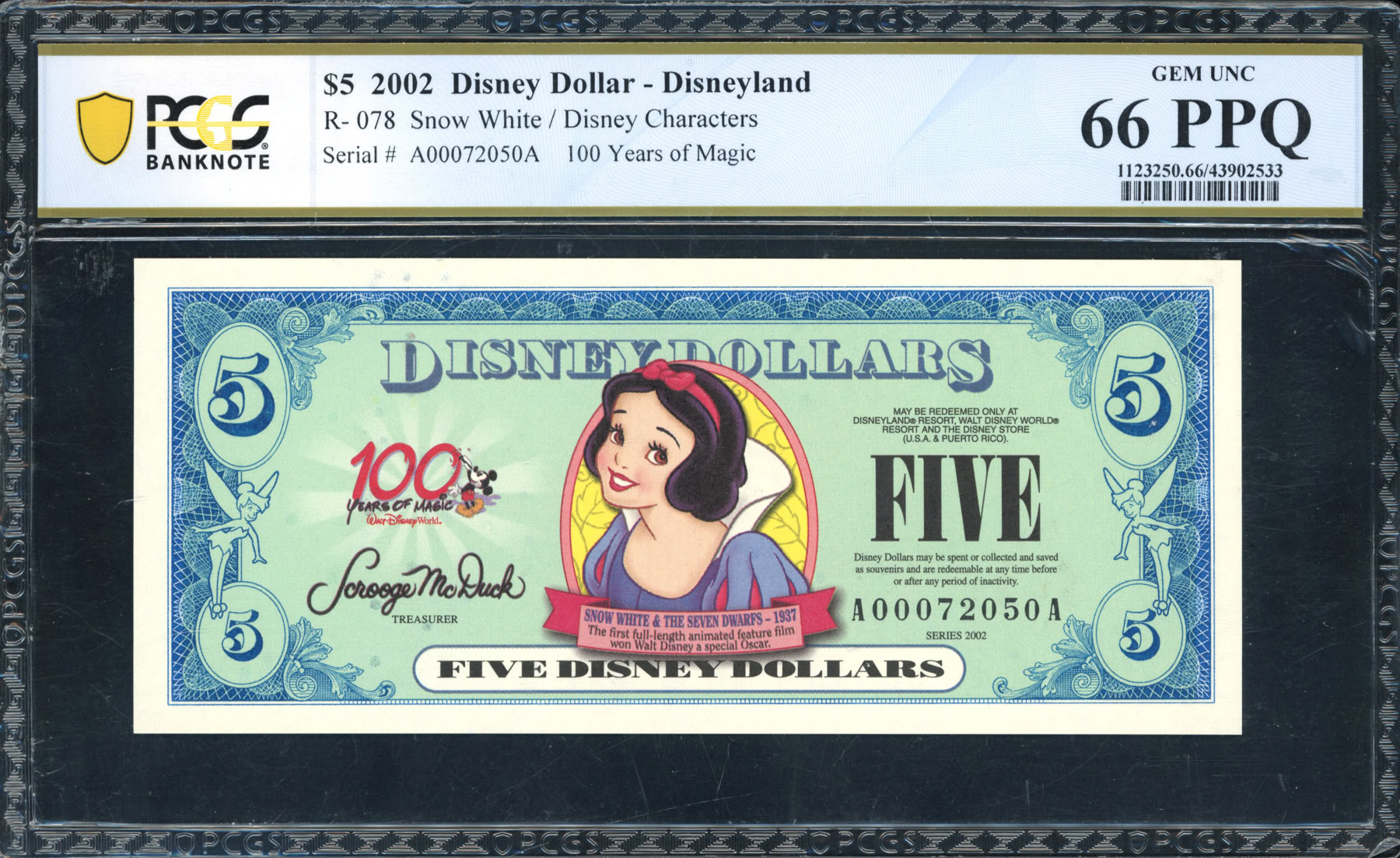 2002 Disneyland $5 Disney Dollar Note Snow White / 100 Years of Magic ...
