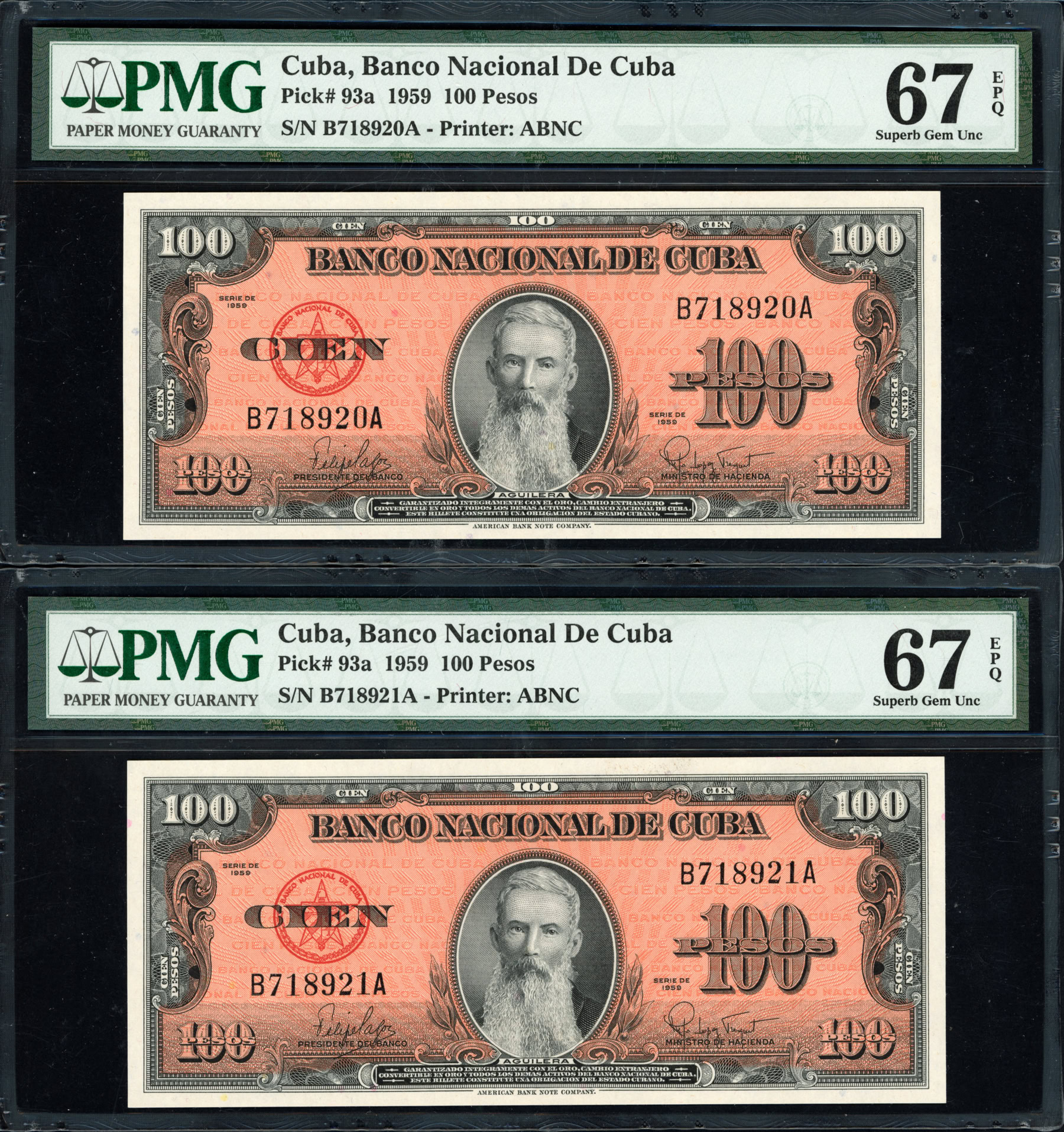 Cuba 1959 100 Pesos Banco Nacional de Cuba Notes *Sequential Serial ...