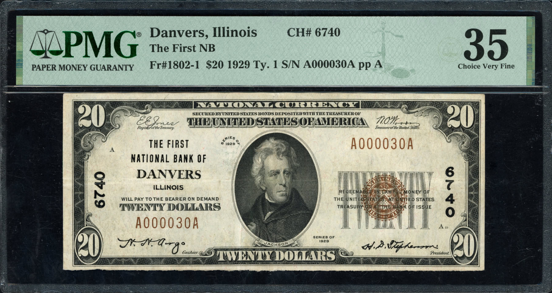 Fr. 1802-1 Danvers, Illinois 1929 Type 1 $20 Note *Low Serial Number ...