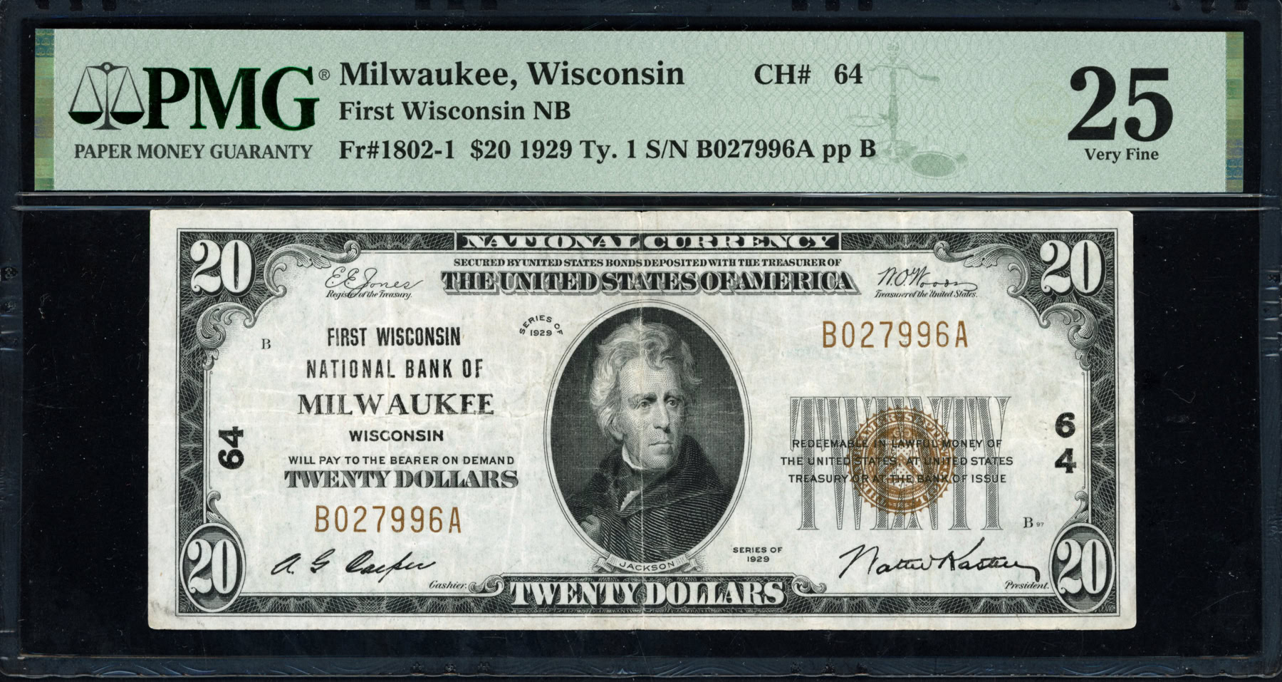 Fr. 1802-1 Milwaukee, Wisconsin 1929 Type 1 $20 Note First Wisconsin ...
