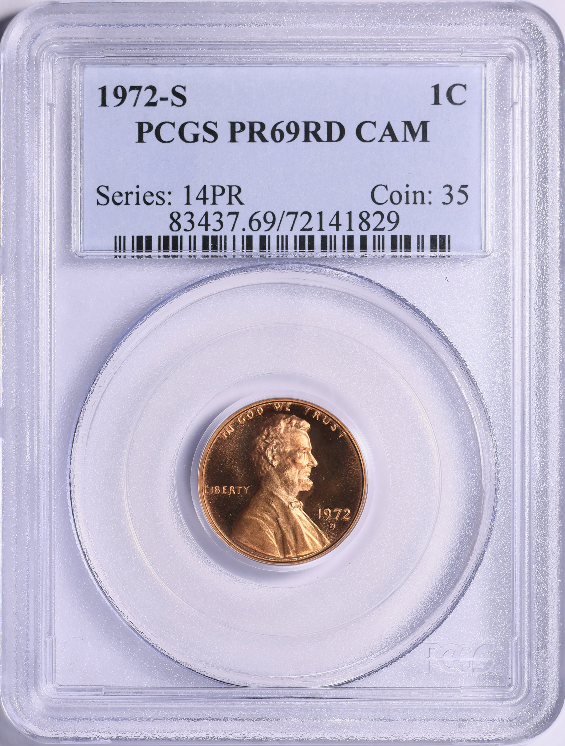 1972-S Lincoln Cent PCGS Proof-69 RD CAMEO (Item 2050239 ...