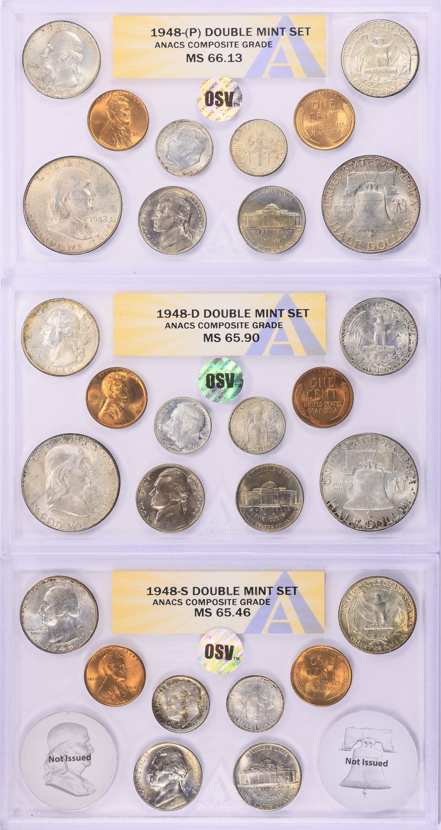 1948 U.S. Mint Double Mint Set ANACS Composite Grades MS-66.13/65.90/65 ...