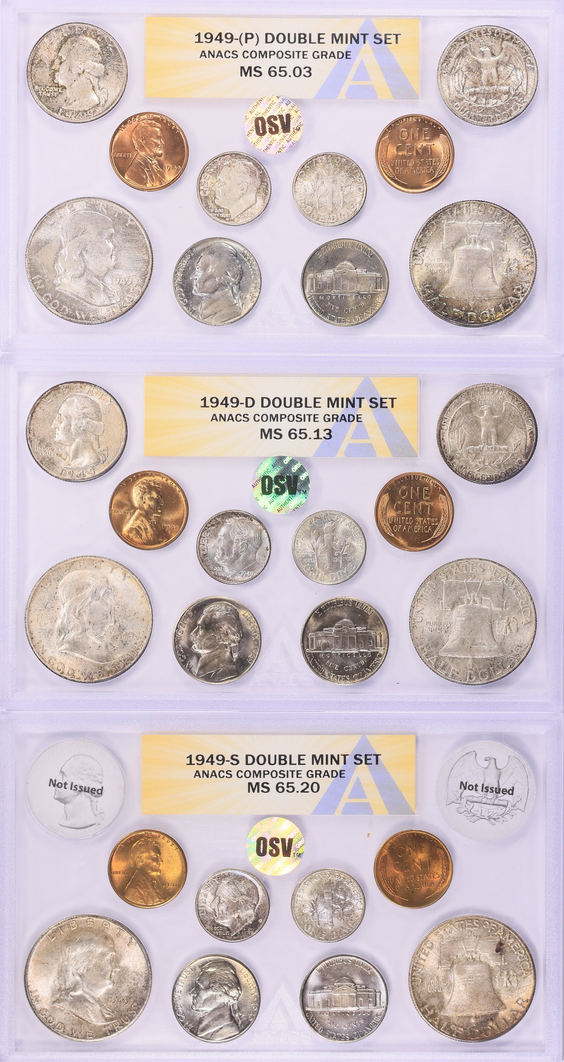 1949 U.S. Mint Double Mint Set ANACS Composite Grades MS-65.03/65.13/65 ...