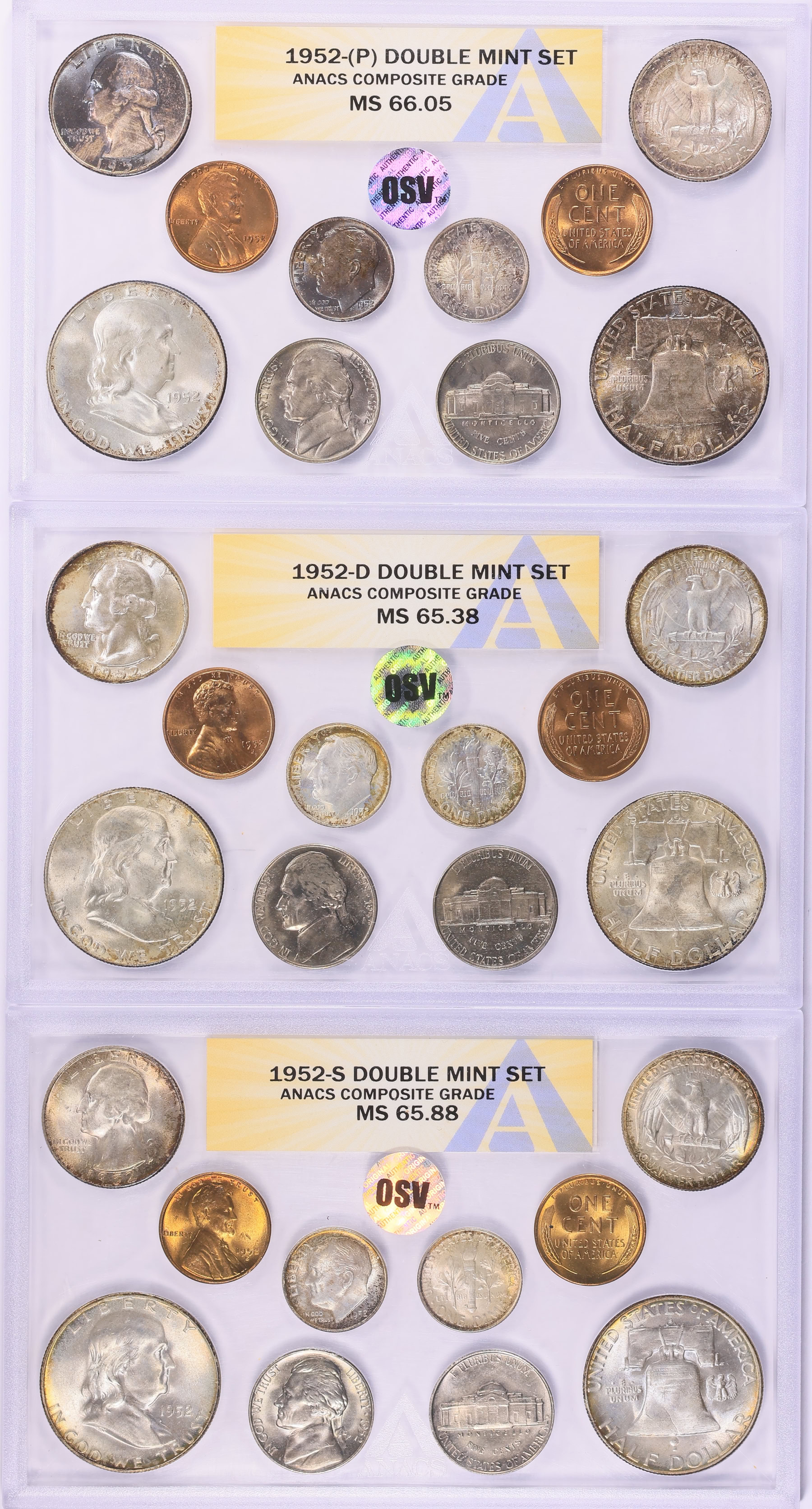 1952 U.S. Mint Double Mint Set ANACS Composite Grades MS-66.05/65.38/65 ...