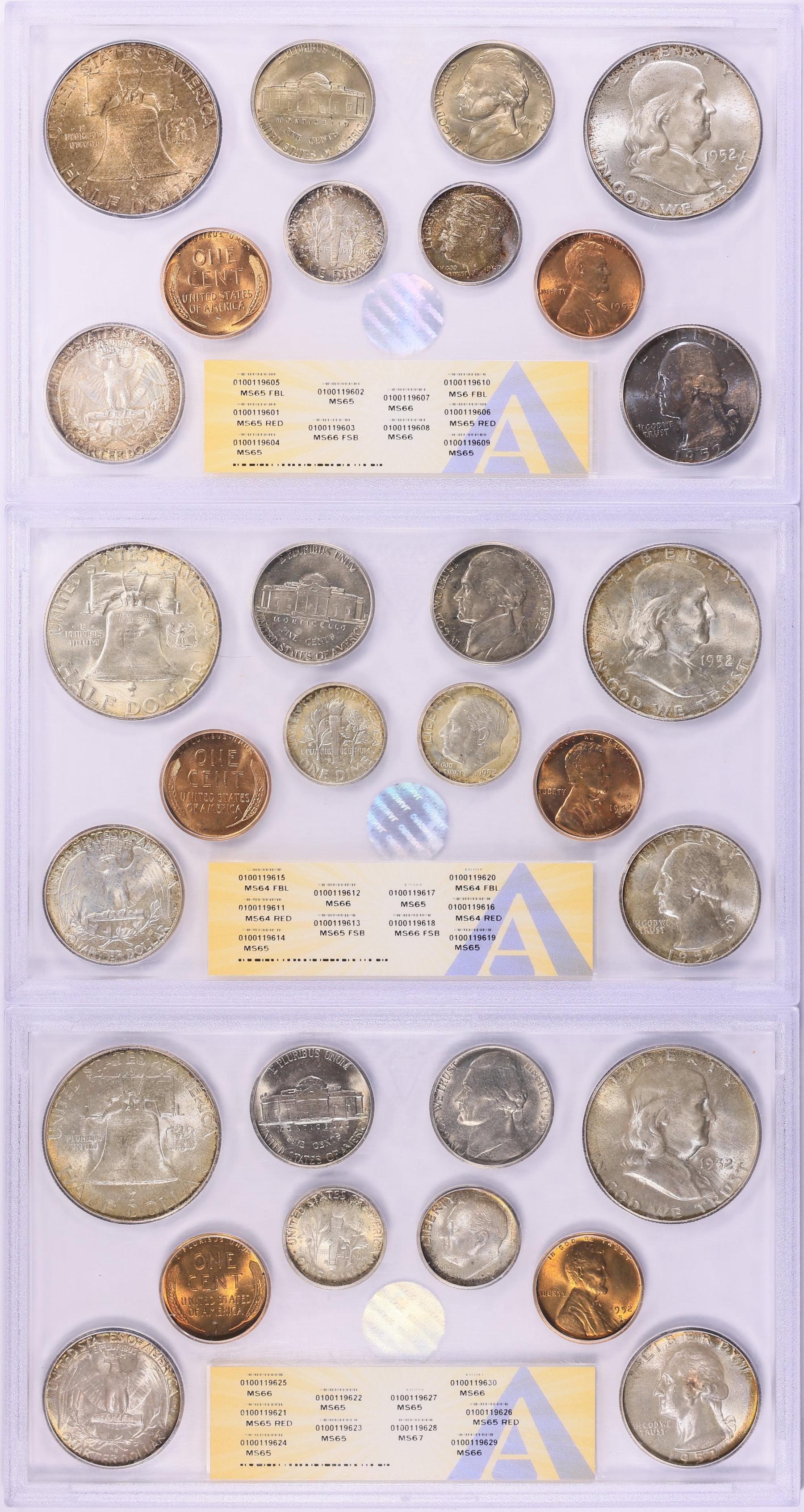 1952 U.S. Mint Double Mint Set ANACS Composite Grades MS-66.05/65.38/65 ...