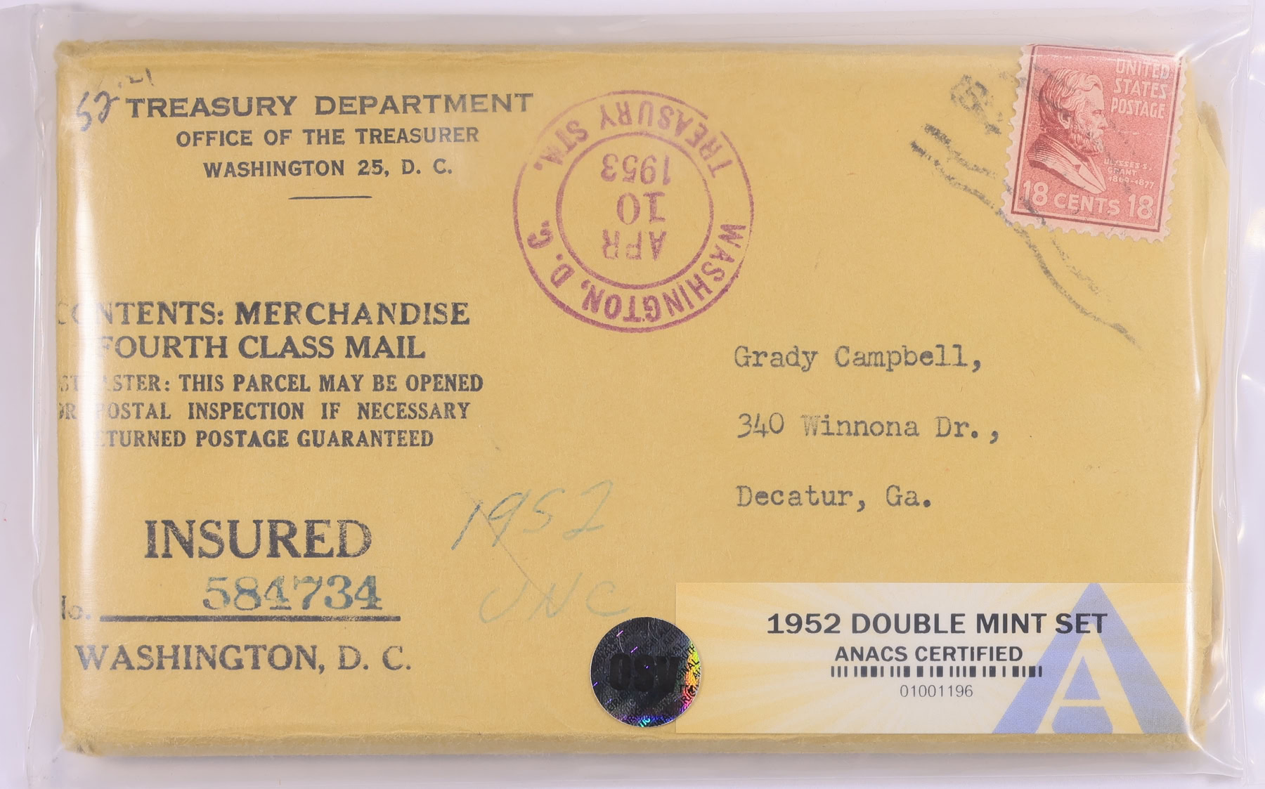 1952 U.S. Mint Double Mint Set ANACS Composite Grades MS-66.05/65.38/65 ...