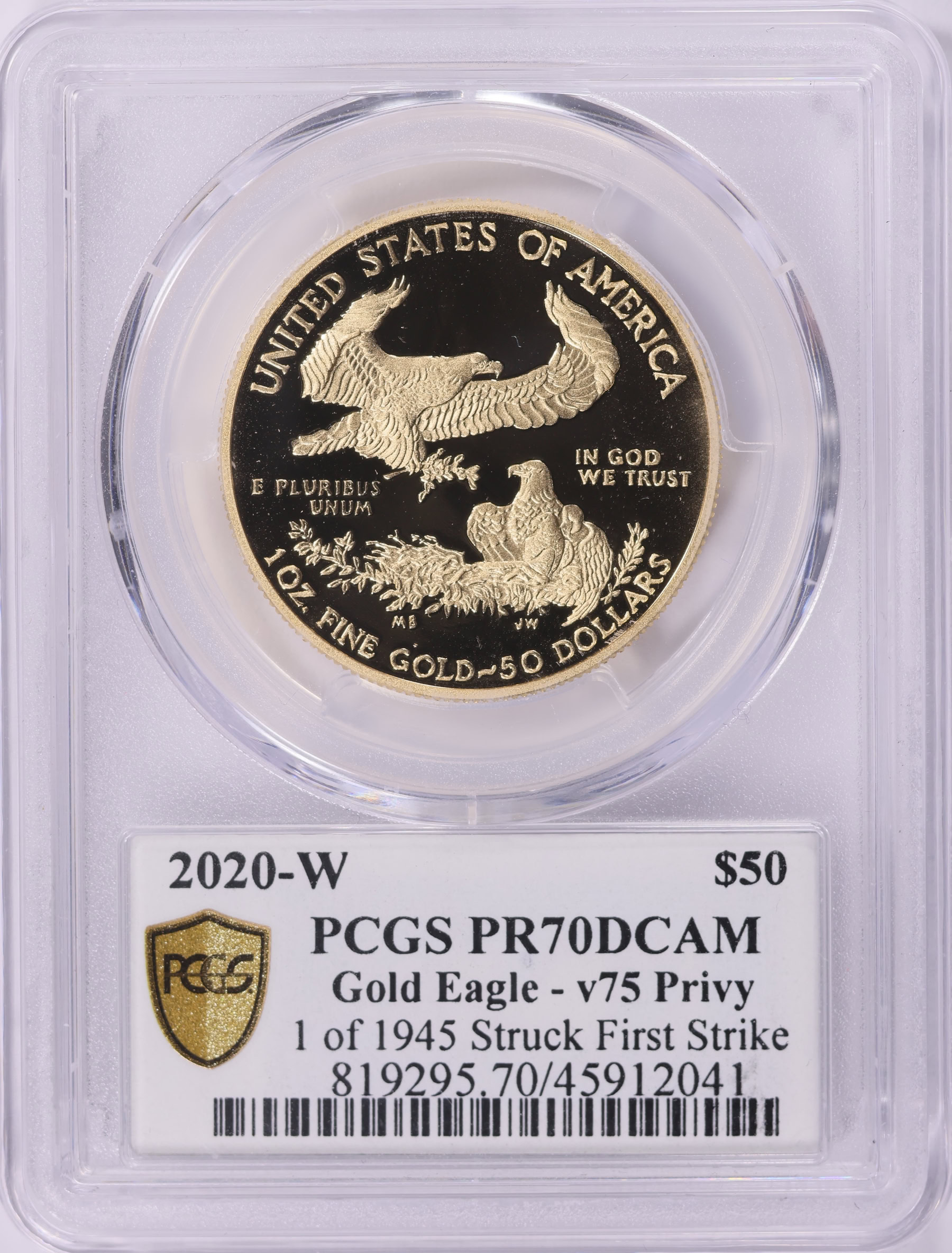 2020-W $50 One-Ounce Gold American Eagle V75 Privy 1 of 1945 Struck ...